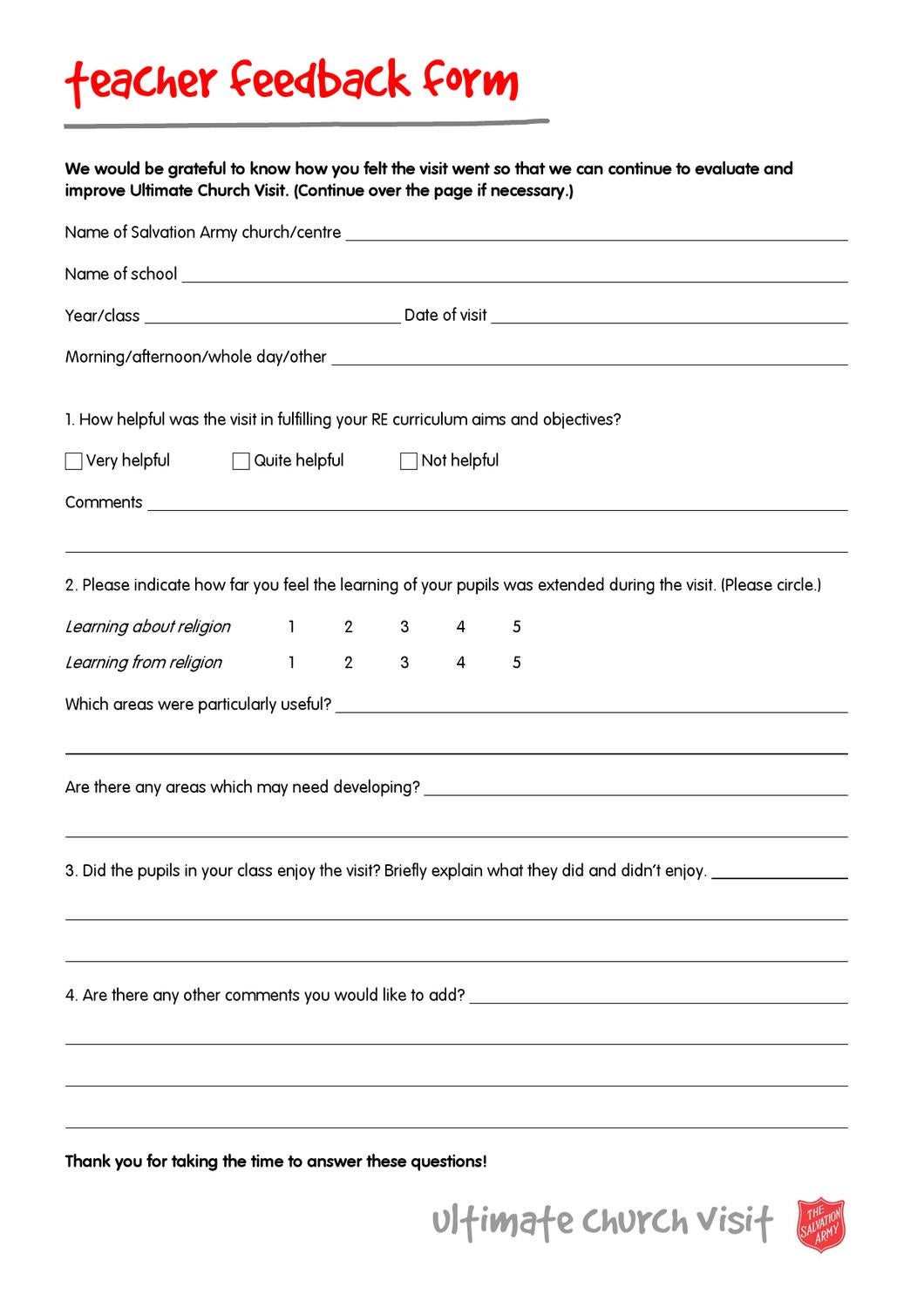 Ultimate Church Visit teacher feedback form by The Salvation Army UK ...