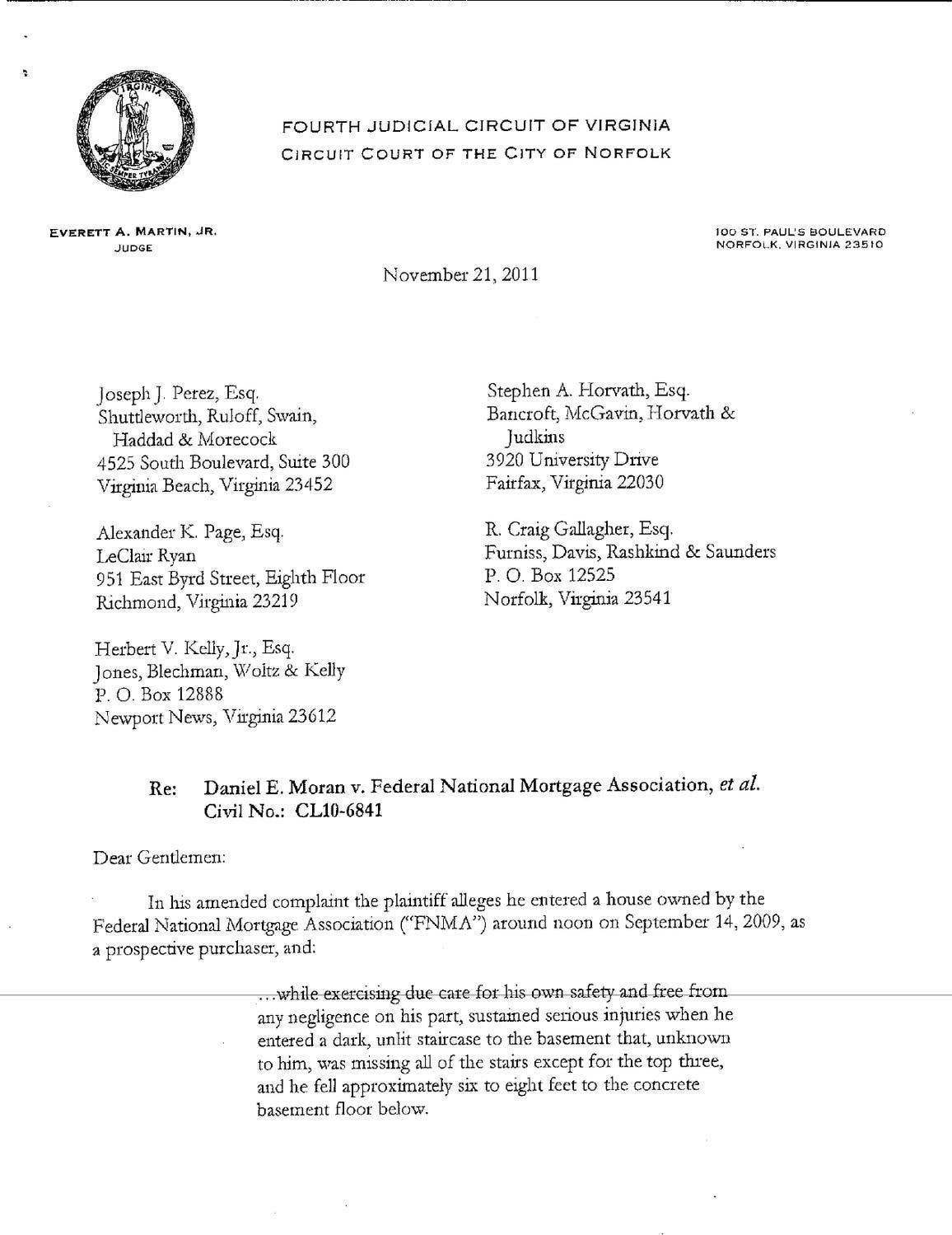 Moran v Federal National Mortgage by Norfolk Circuit Court Clerk's ...