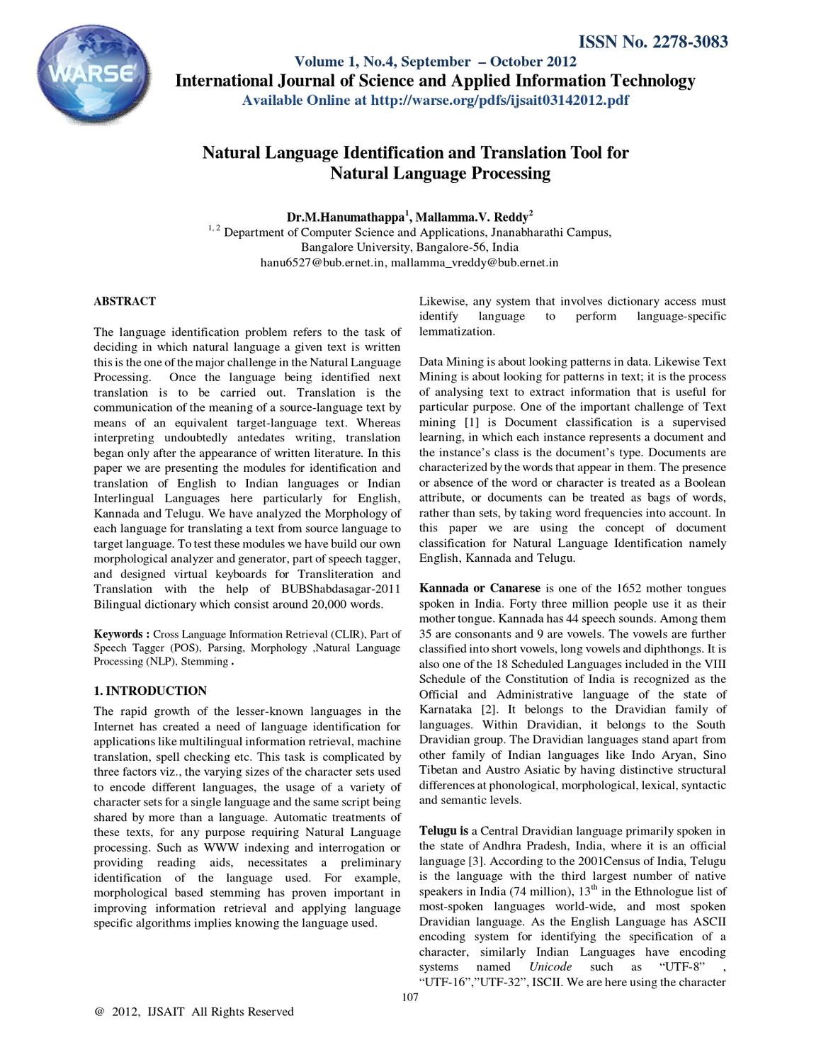 Natural Language Identification and Translation Tool for by The World ...