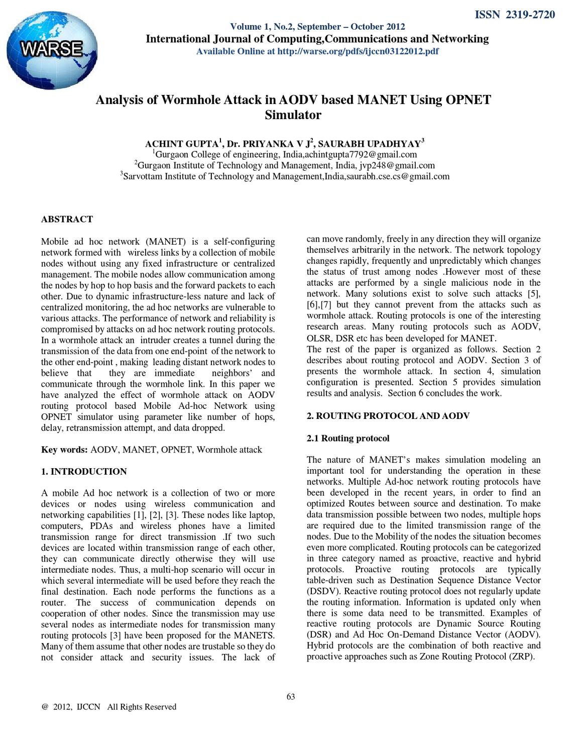 Analysis of Wormhole Attack in AODV based MANET Using OPNET Simulator ...