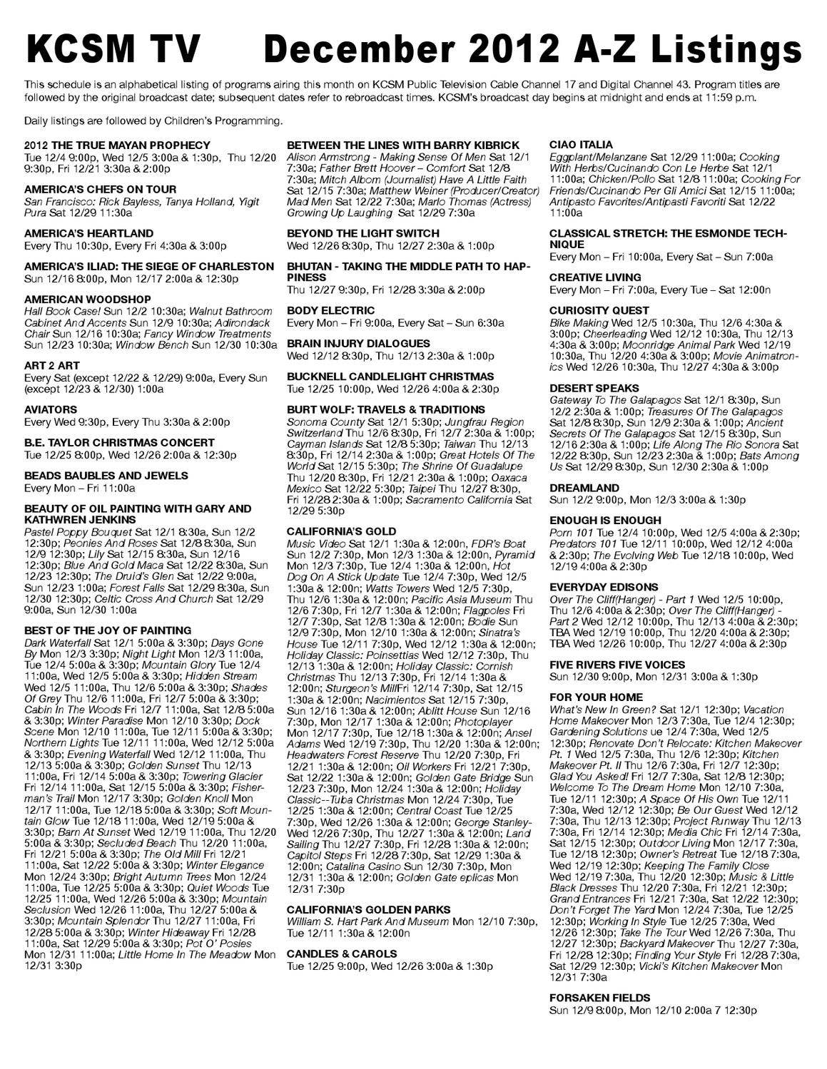 December 2012 KCSM TV Listings: A-Z by KCSM-FM Jazz 91 - Issuu