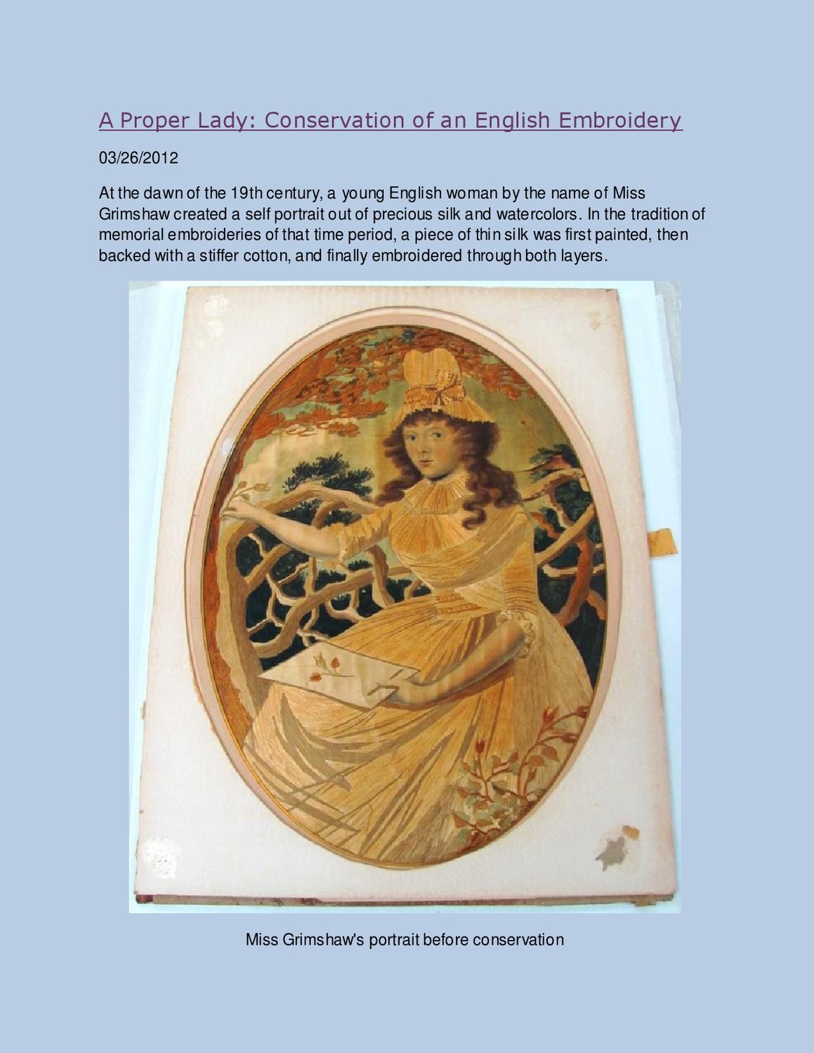 A Proper Lady: Conservation of an English Embroidery by Camille Breeze ...