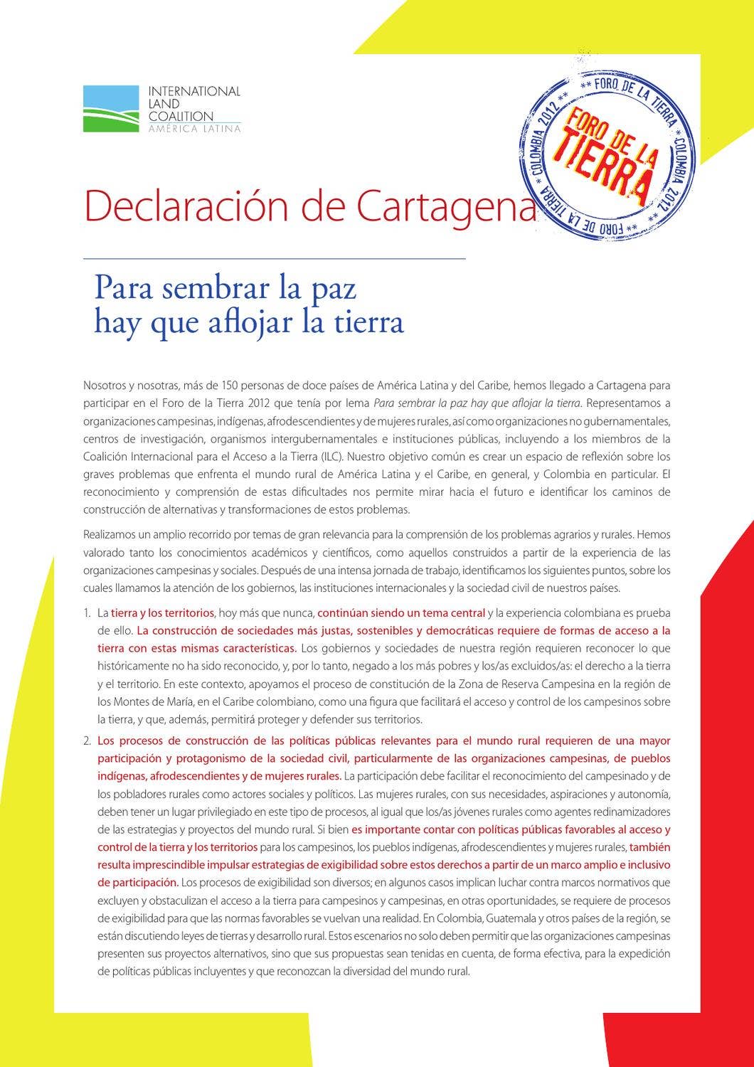 Declaración de Cartagena: “Para sembrar la paz hay que aflojar la ...