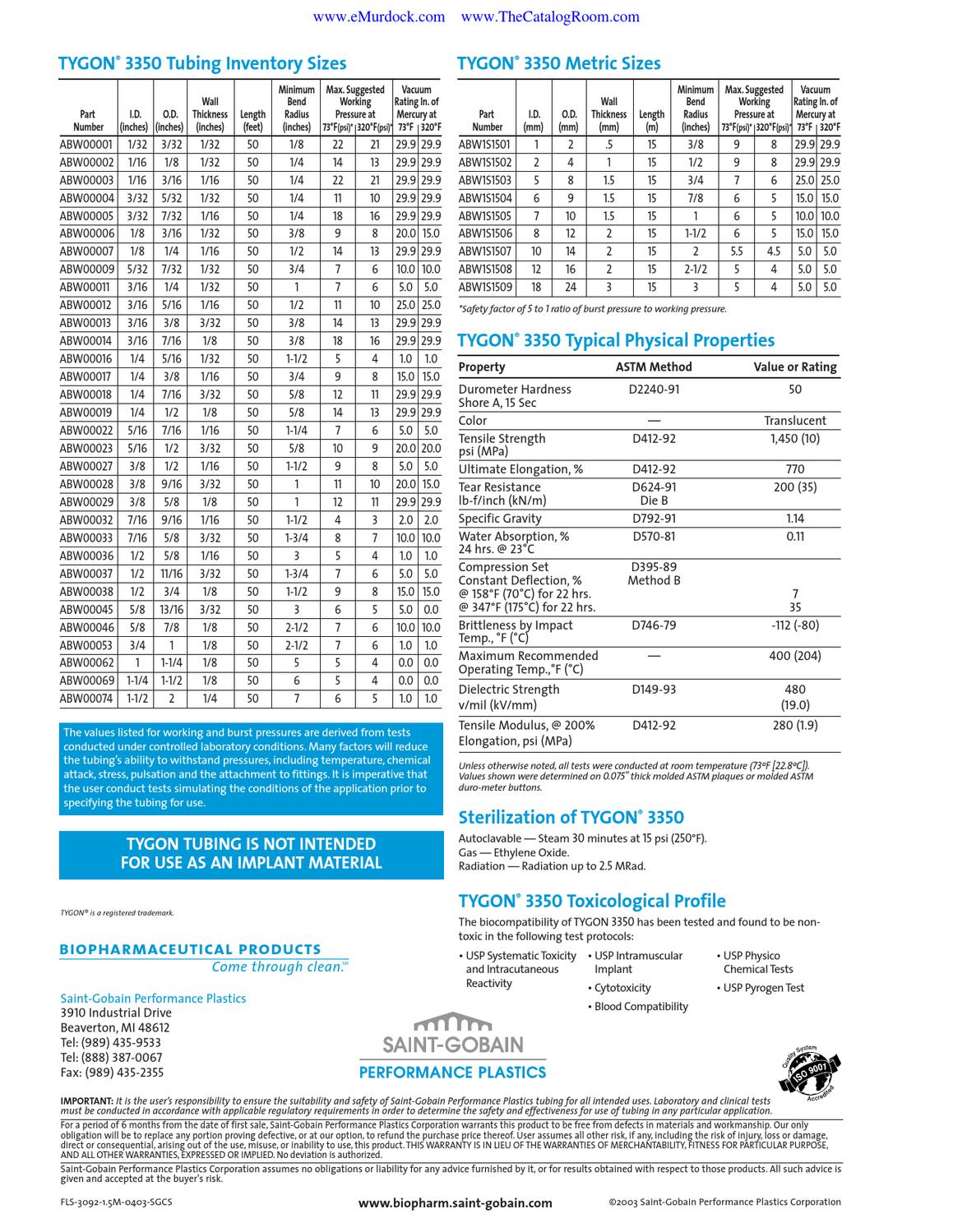Saint Gobain Tygon Complete Catalog by Murdock Industrial - Issuu