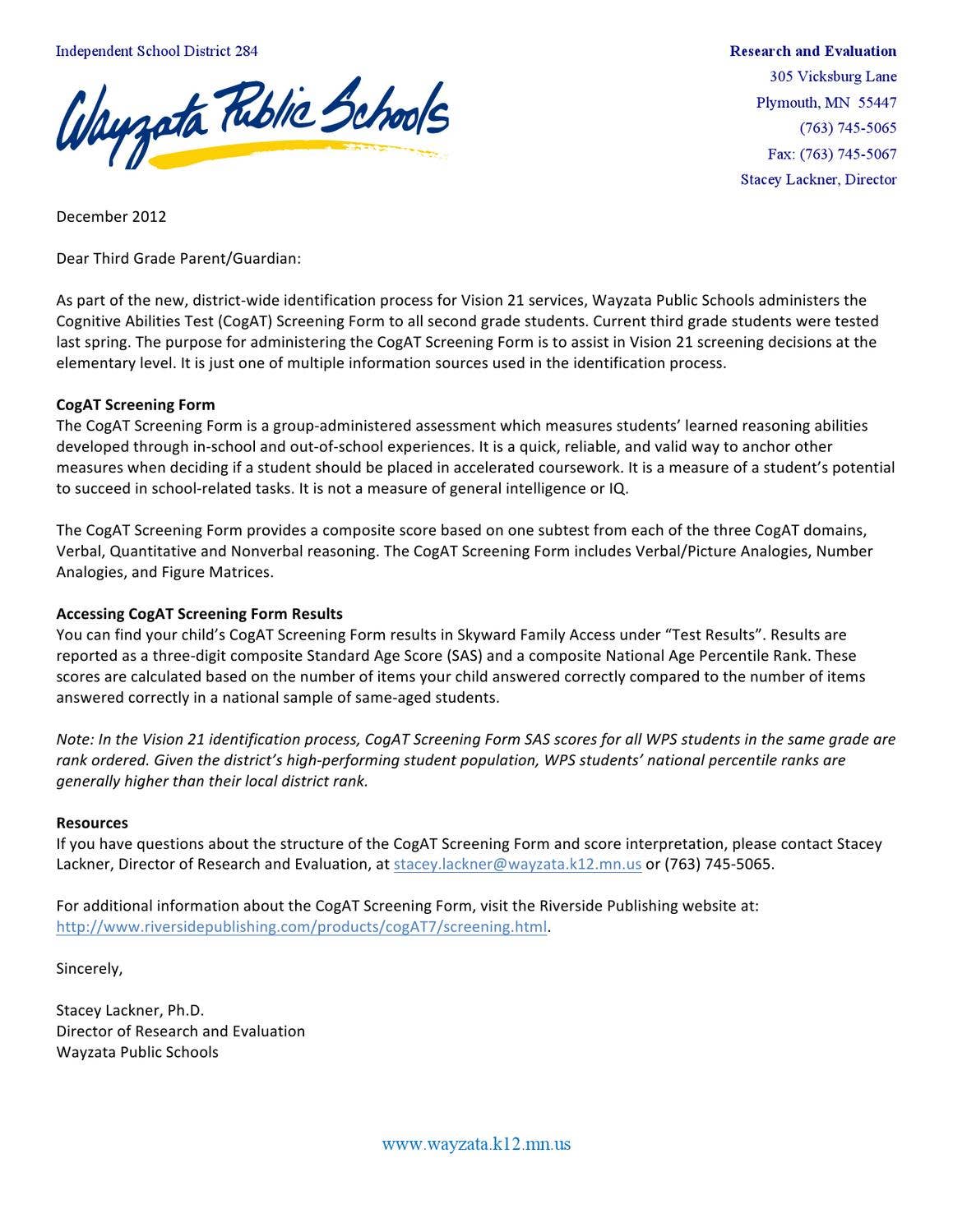 CogAT Grade 3 Parent Letter by Wayzata Public Schools - Issuu