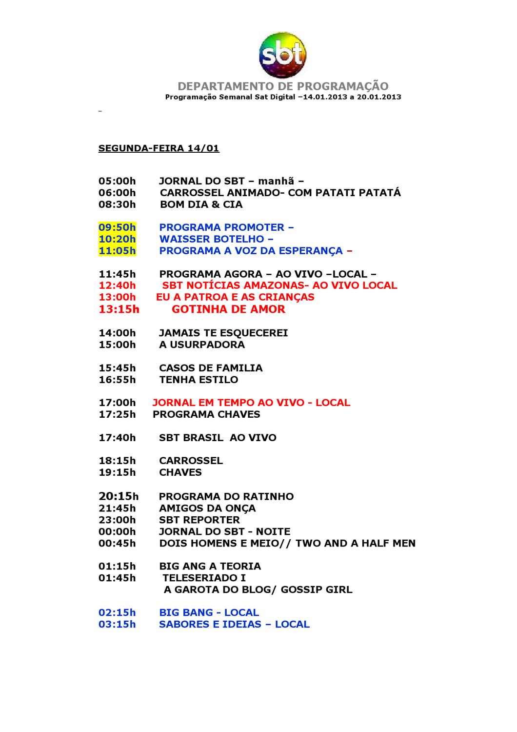 Programação SBT - TV EM TEMPO 14 a 20 de janeiro de 2013 by Amazonas Em ...