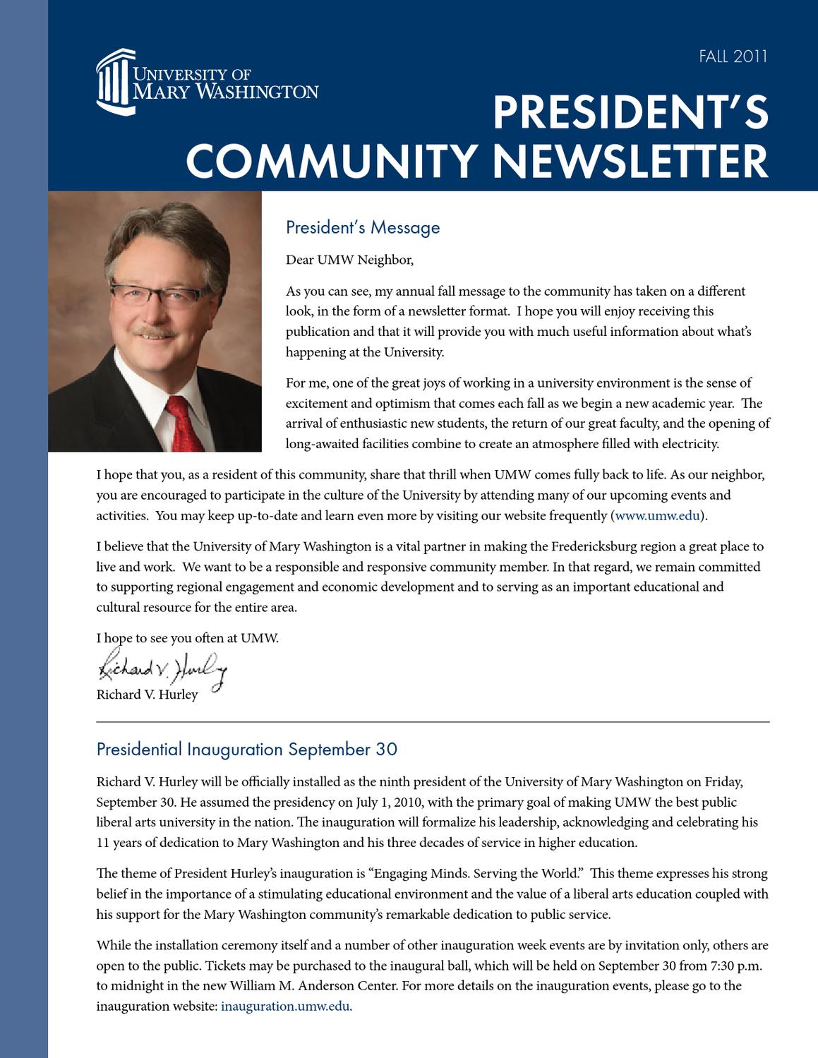 President's Community Newsletter, Fall 2011 by University of Mary ...