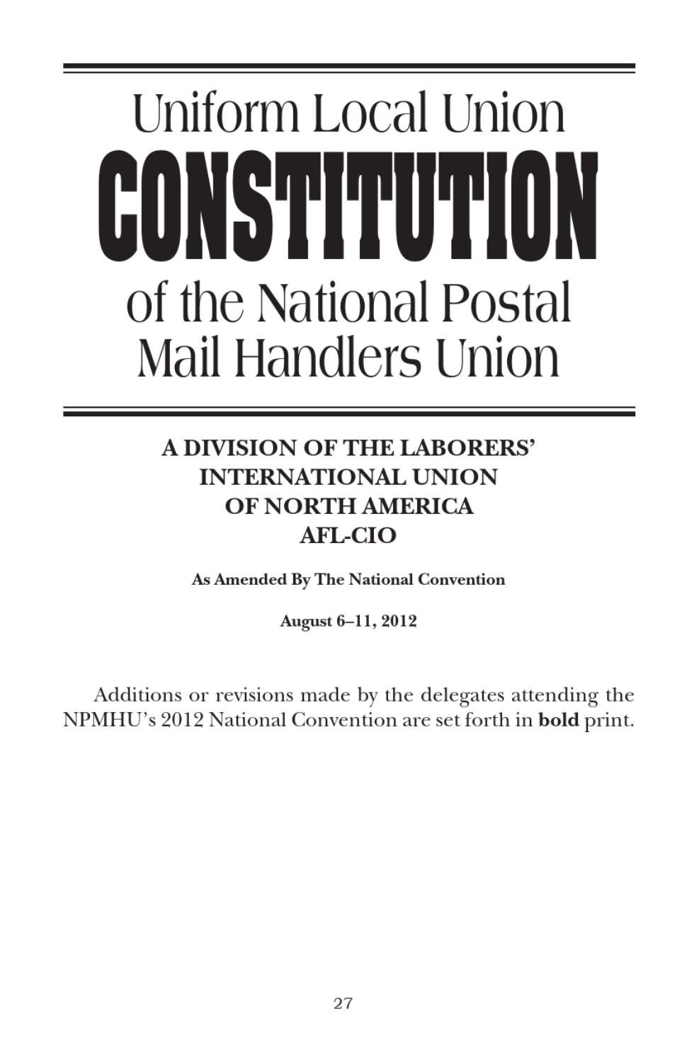 2012 NPMHU Uniform Union Local Constitution by National Postal Mail ...