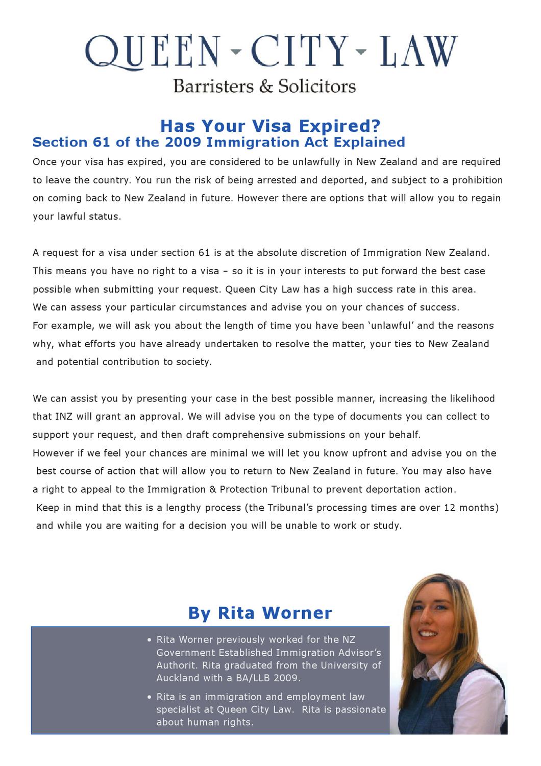 Visa Expired? Section 61 NZ Immigration Act 2009 by Queen City Law - Issuu