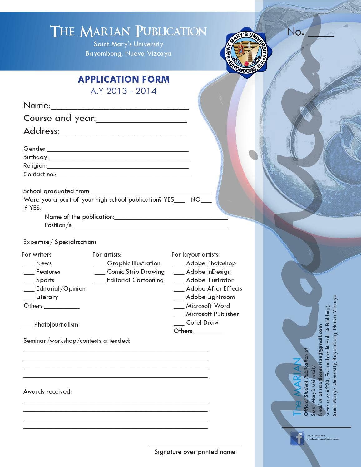 The MARIAN Application Form 2013-2014 by The MARIAN - Issuu