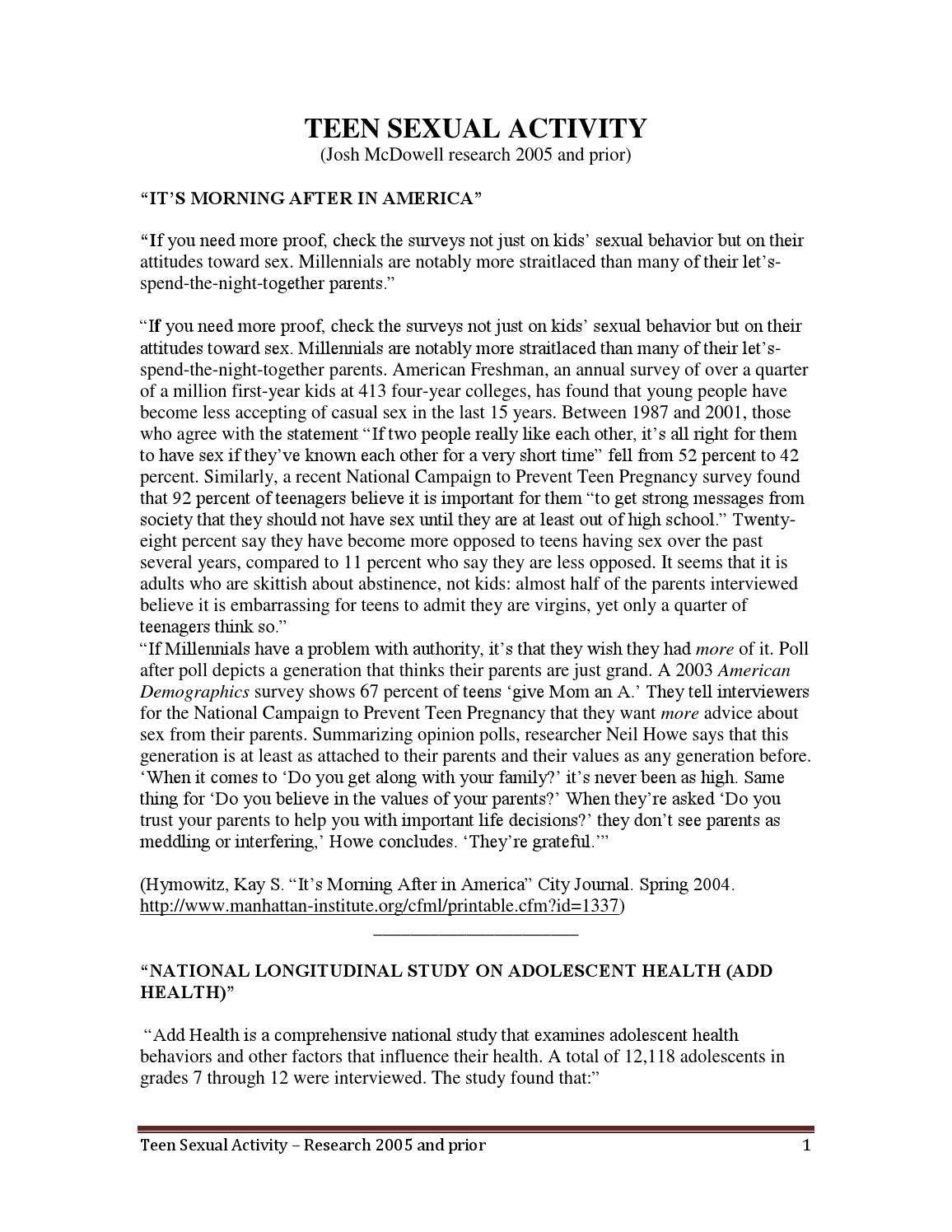 Teen sexual activity research 2005 and prior by Josh McDowell Ministry ...