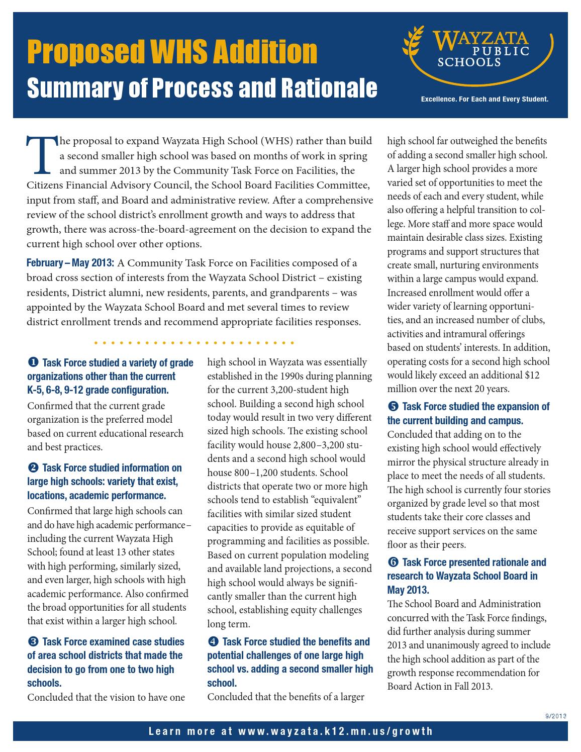 Proposed WHS Addition Rationale Fact Sheet by Wayzata Public Schools ...