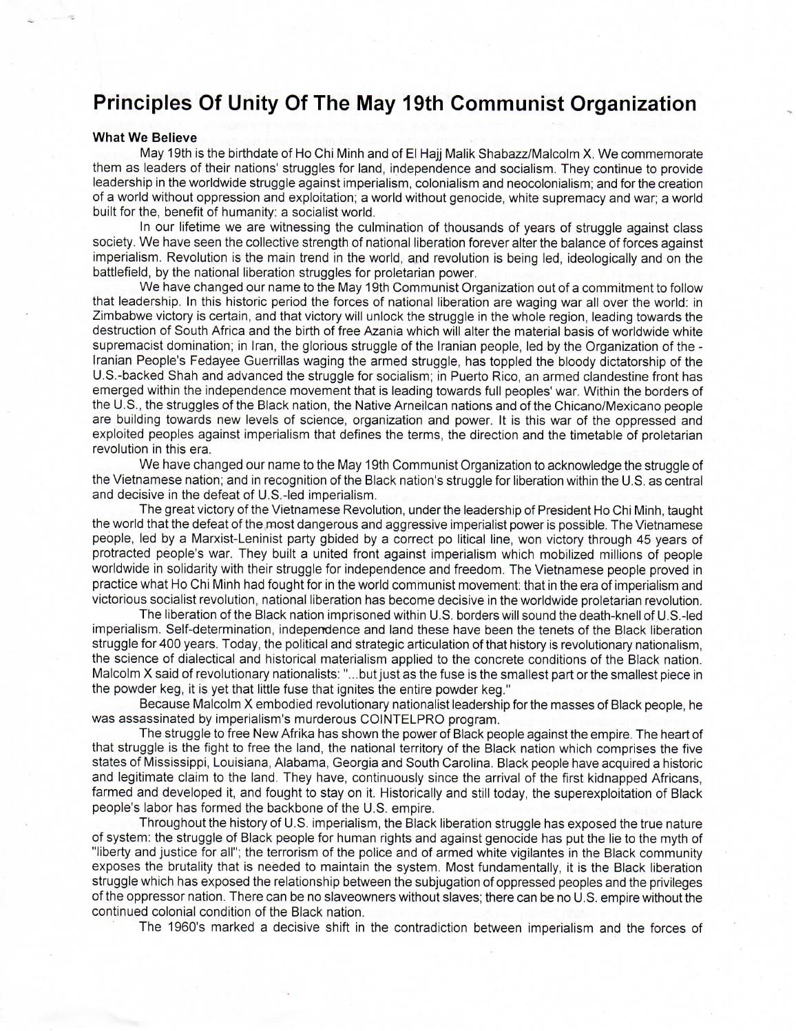 Principles Of Unity Of The May 19th Communist Organization by Arm The ...