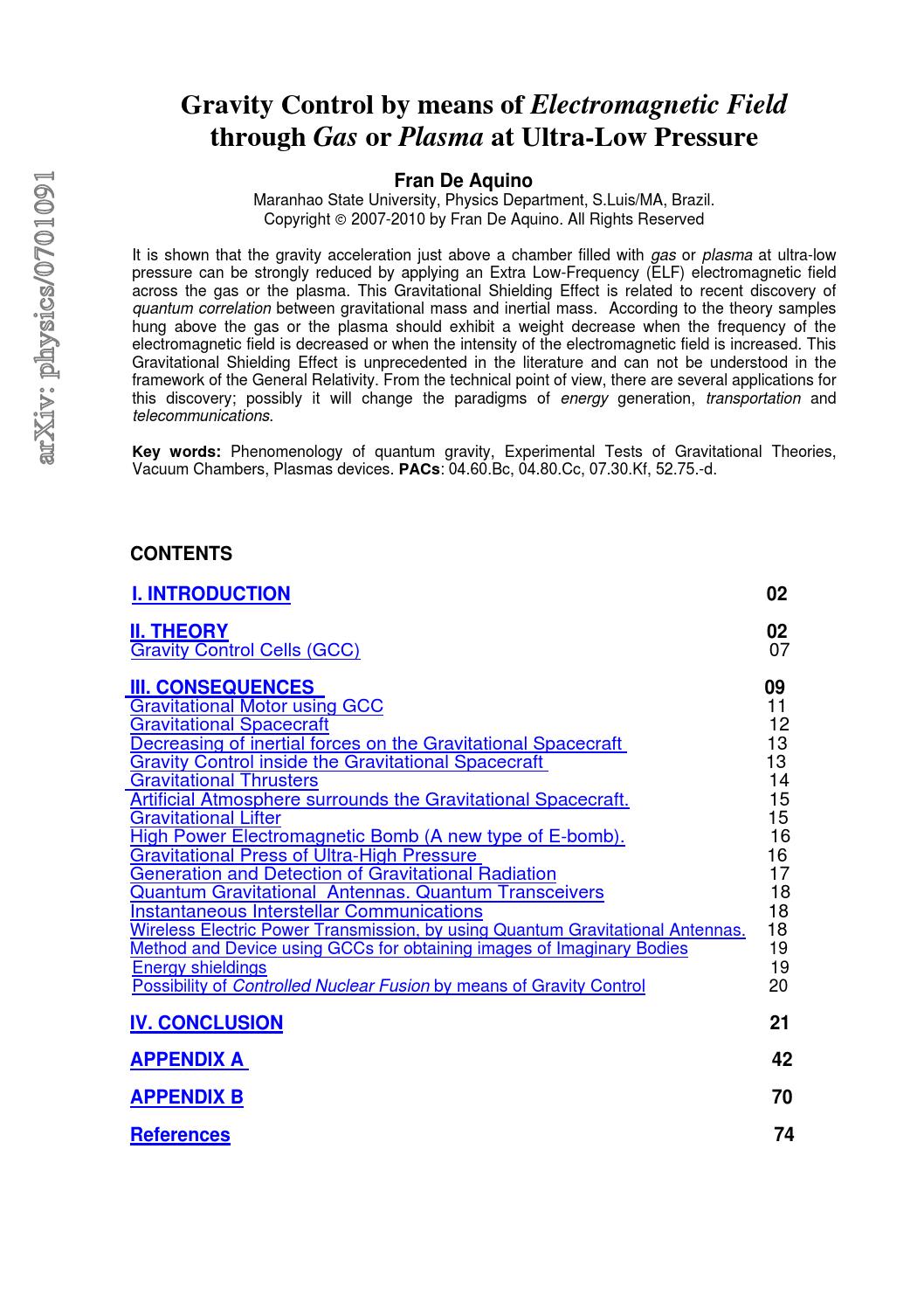 Gravity Control by means of Electromagnetic Field through Gas or Plasma ...