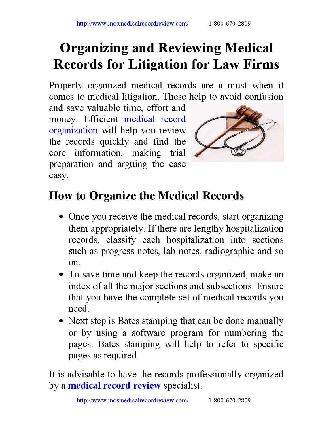Organizing and reviewing medical records for litigation for law firms ...