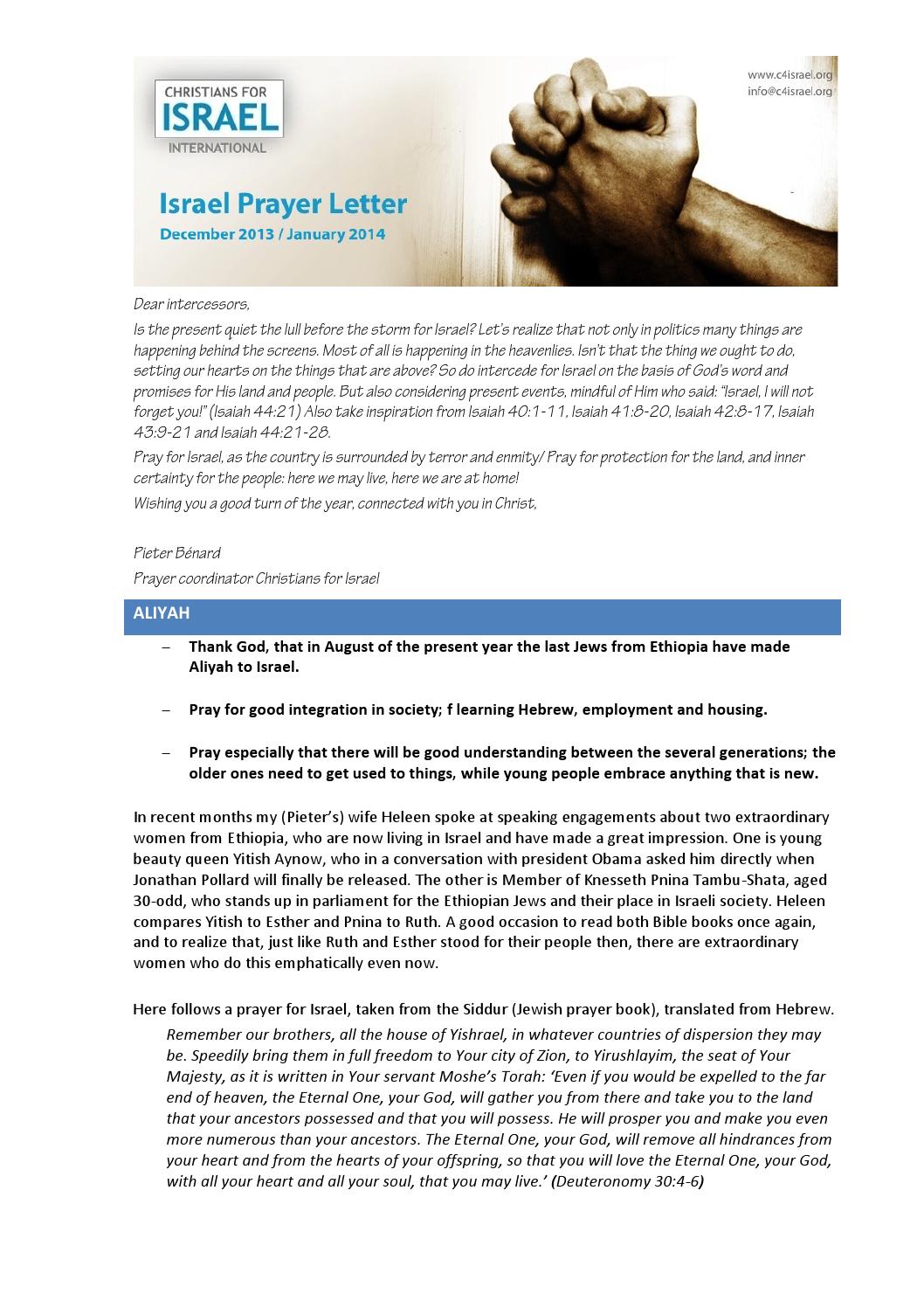 C4i prayer letter Dec 2013 / Jan 2014 by Christians for Israel ...