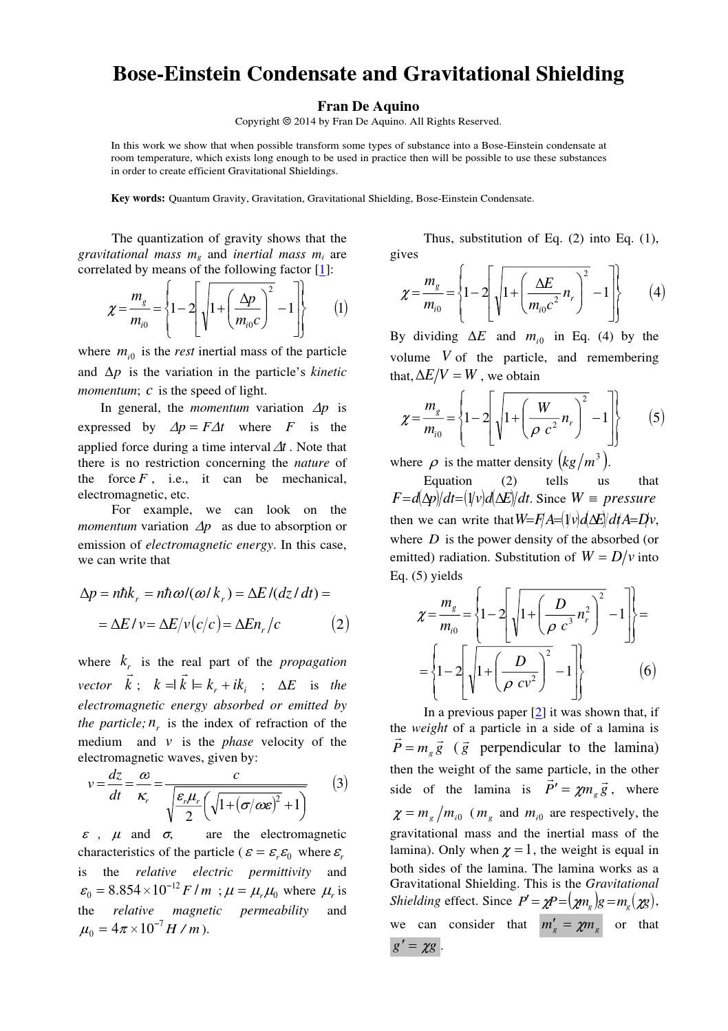 Bose-Einstein Condensate and Gravitational Shielding by Professor Dr ...