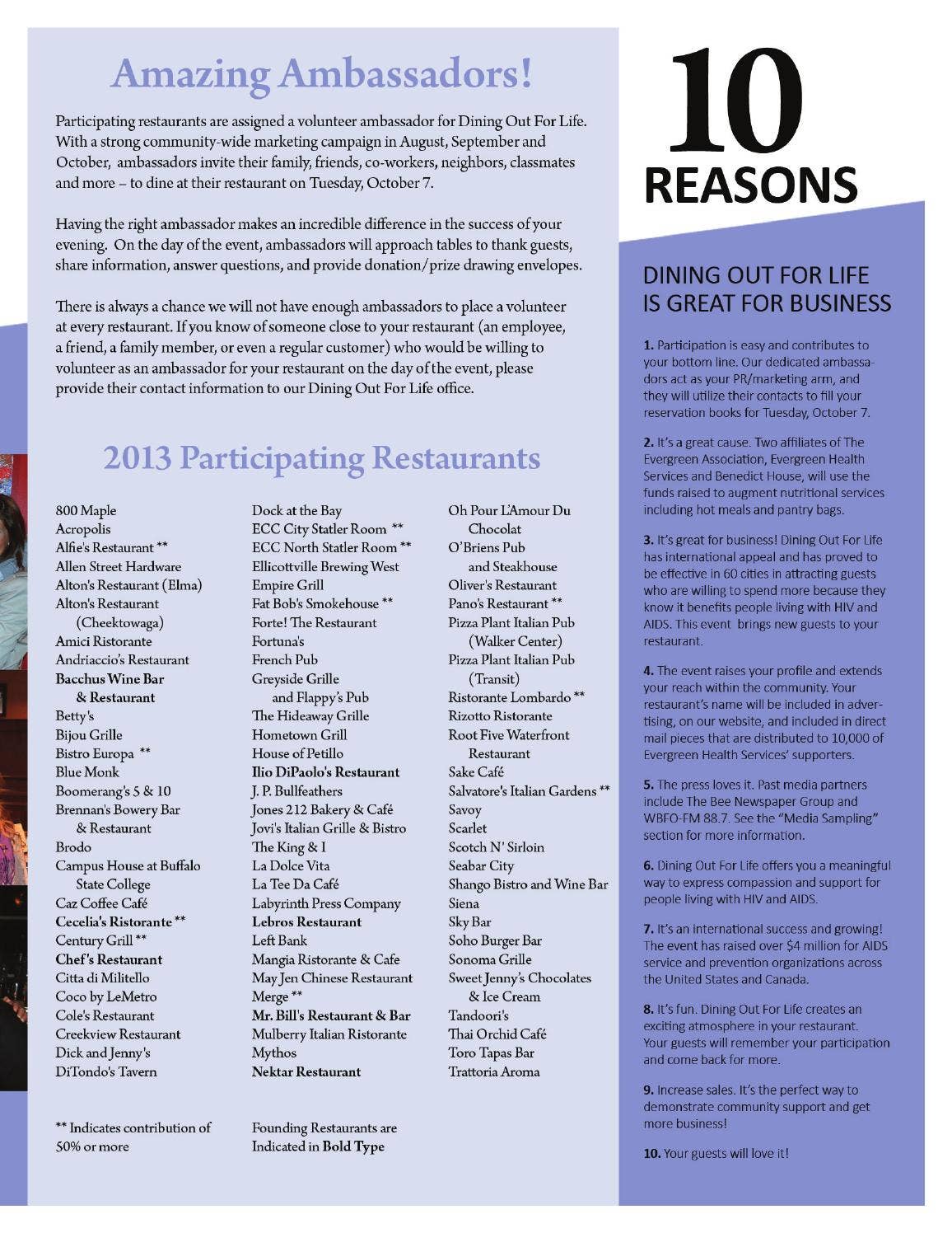 Dining Out for Life Restaurant Activation Packet by Evergreen Health ...