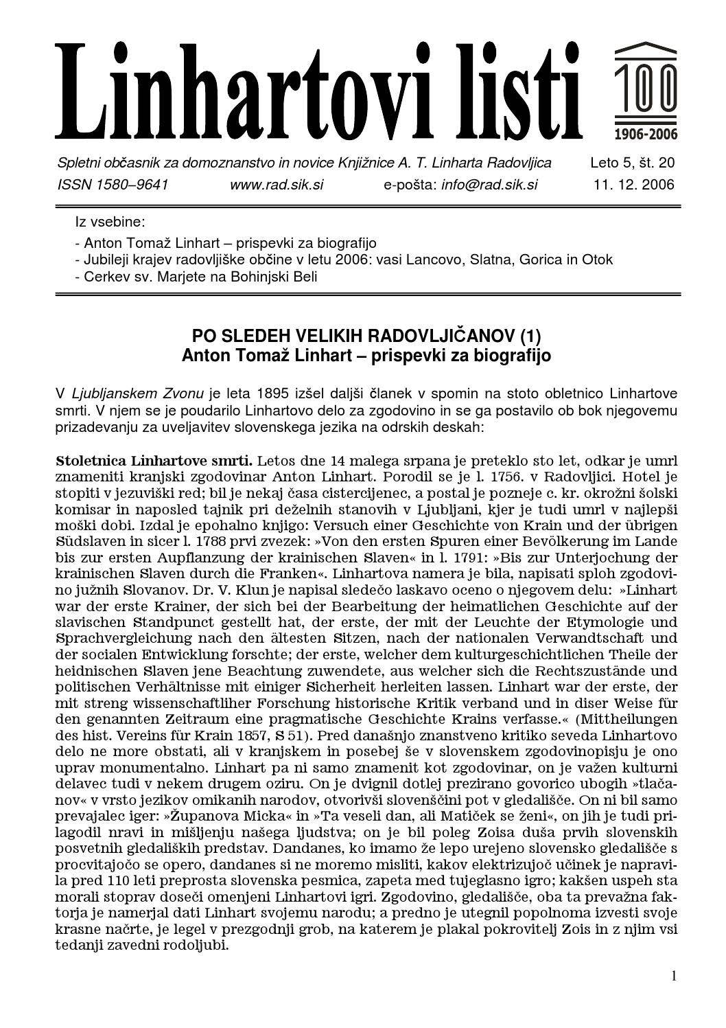 Linhartovi listi številka 20 by Knjižnica ATL Radovljica - Issuu
