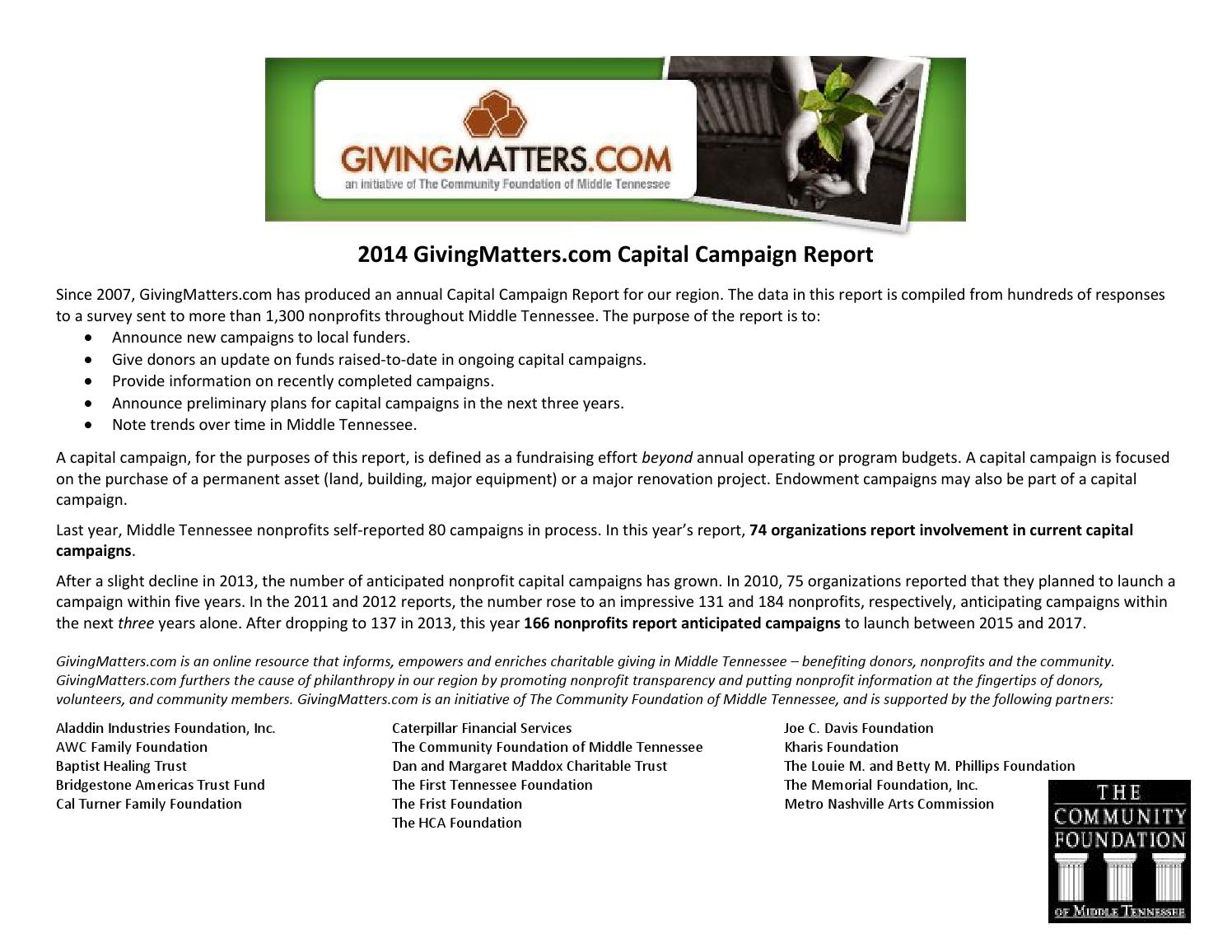 GivingMatters.com 2014 Capital Campaign Report by Community Foundation ...