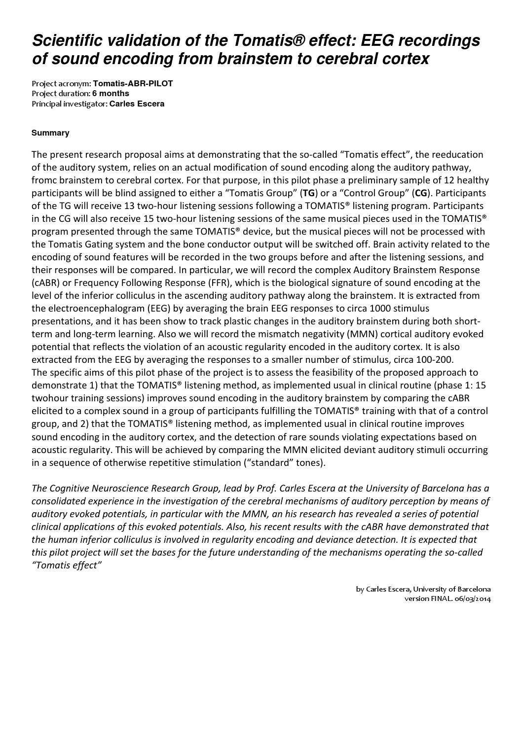 Scientific validation of the tomatis effect by carles escera ...