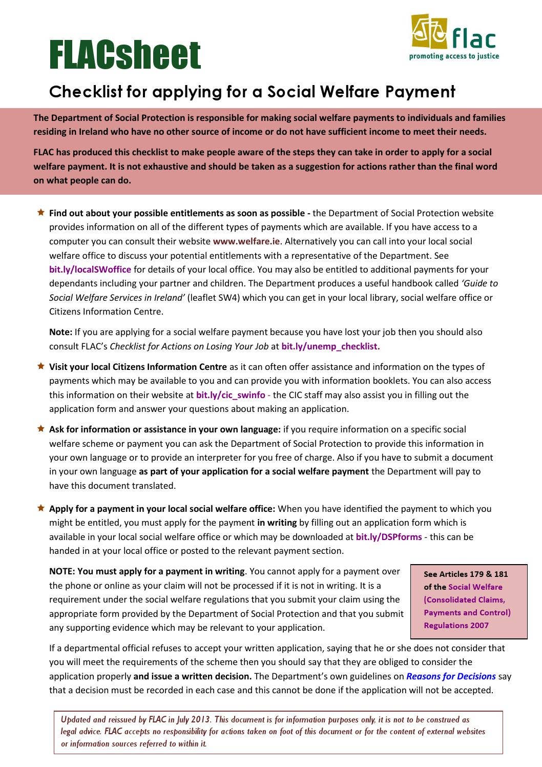 Checklist for applying for a social welfare payment by FLAC - Access to ...