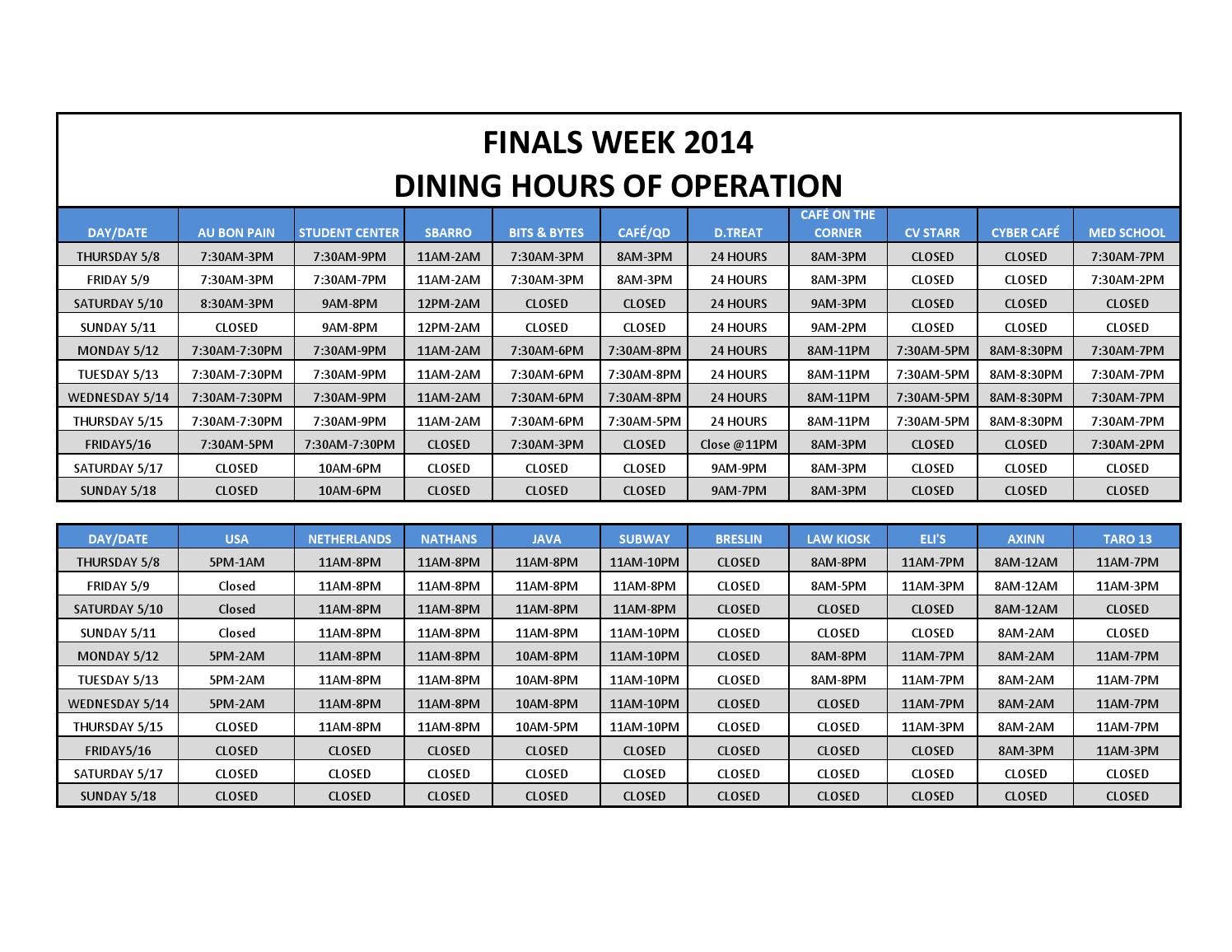 Dining Hours of Operation: Finals Week 2014 by Hofstra University - Issuu