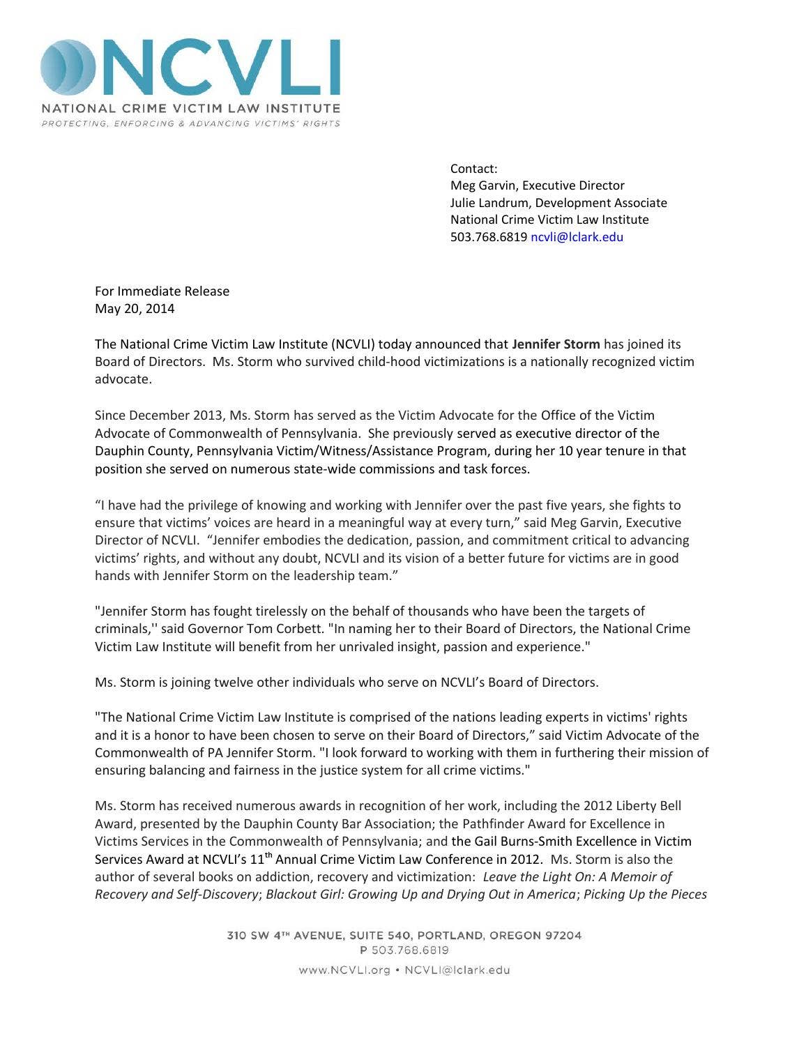 Press release jennifer storm ncvli board final 5 20 14 by National ...