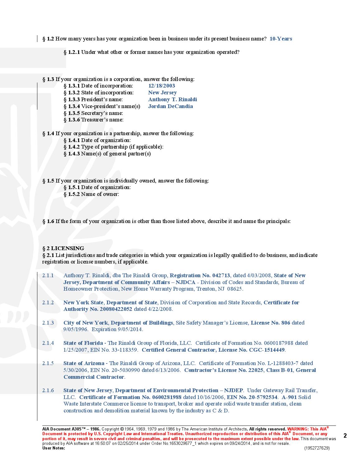 AIA-305 Contractor's Qualification Statement 2nd Quarter 2014 by The ...