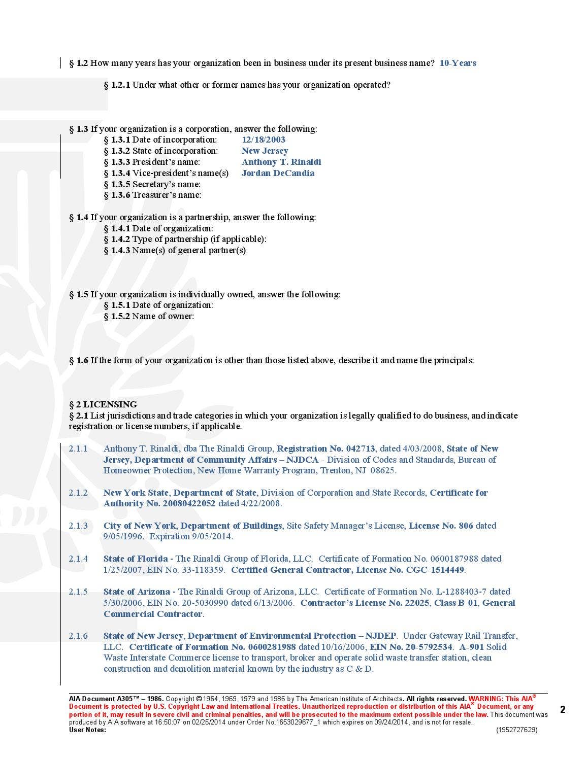 AIA-305 Contractor's Qualification Statement 2nd Quarter 2014 by The ...