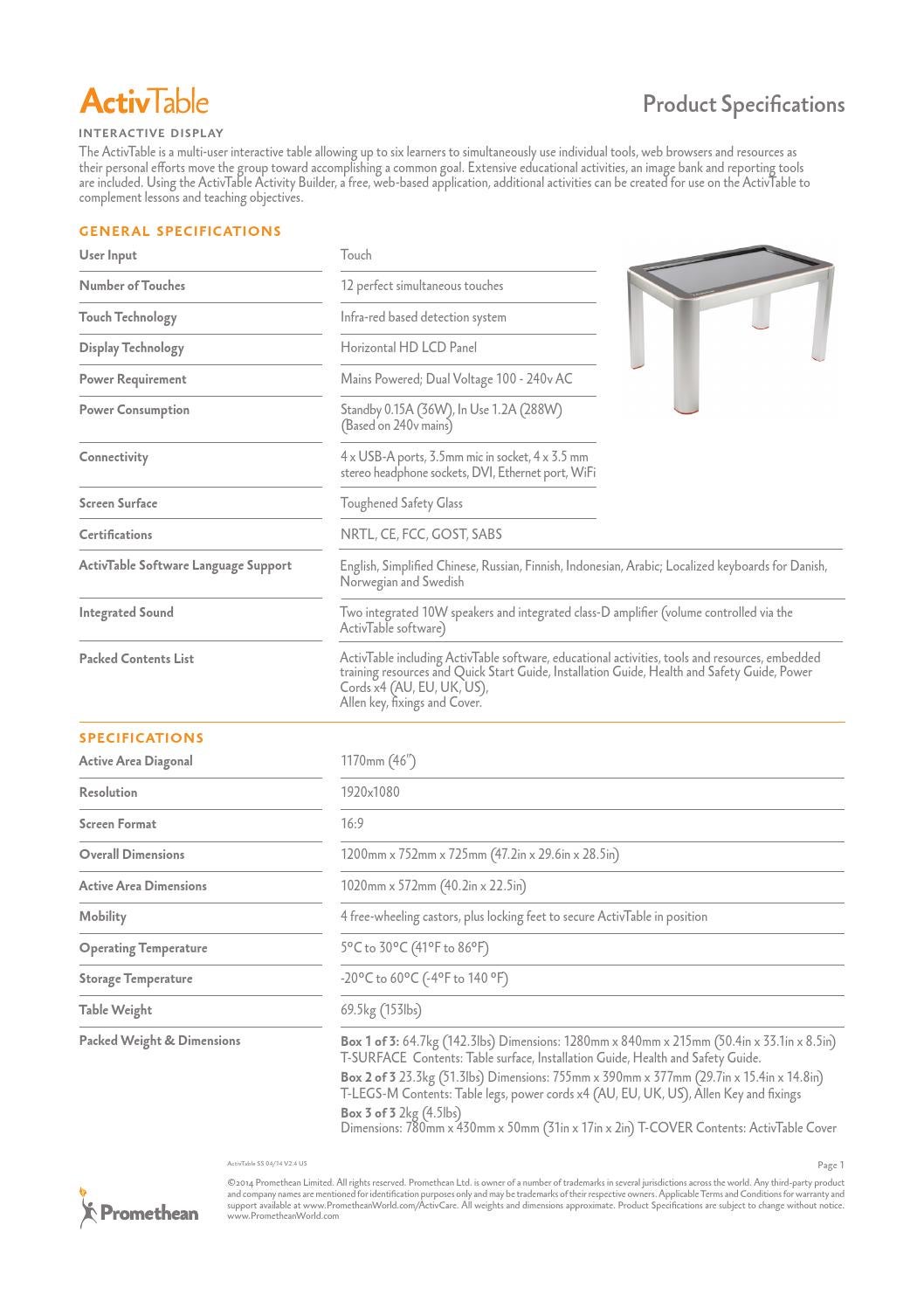Activtable specification sheet by ETC Educational Technology Connection ...
