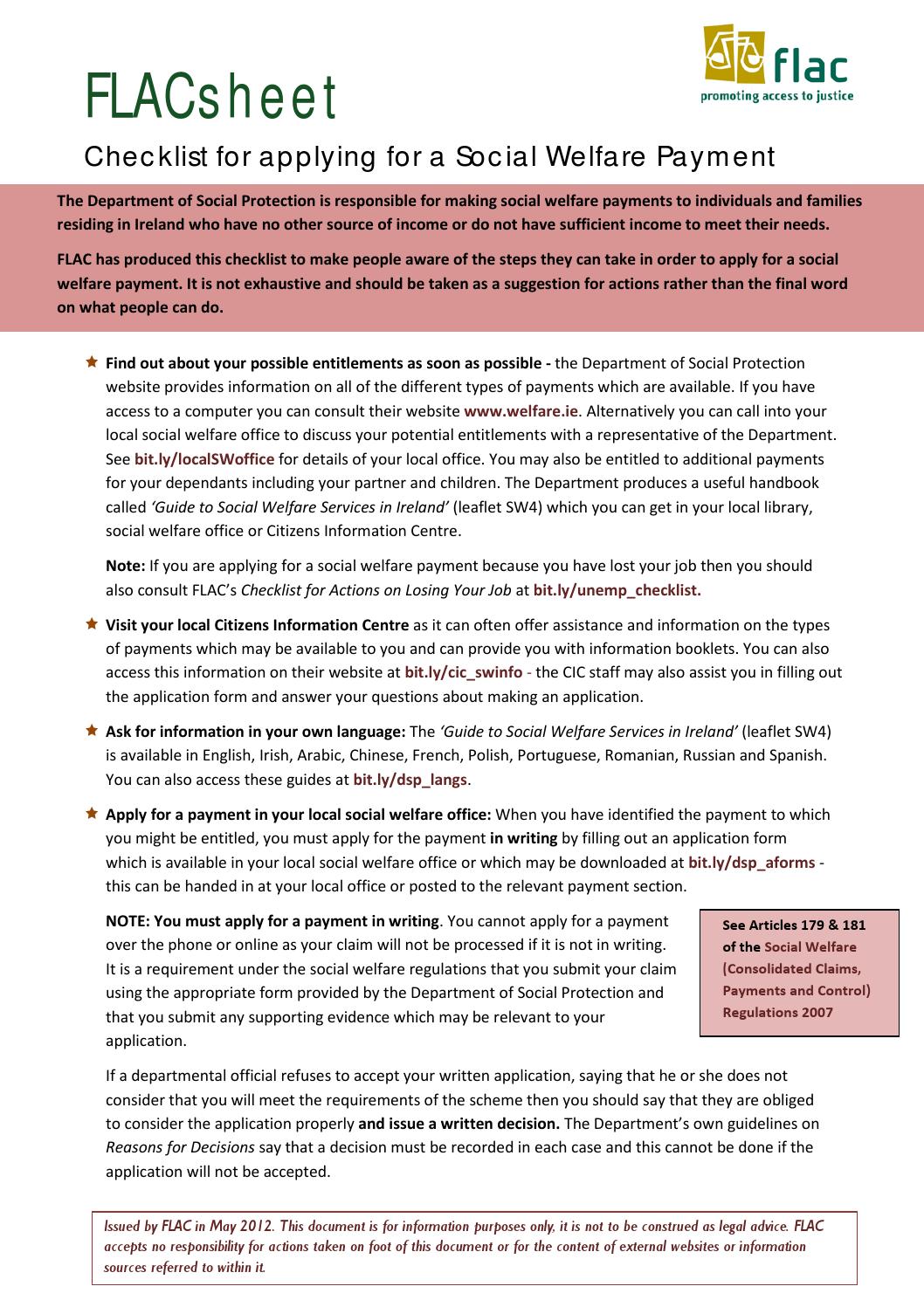 Checklist for applying for a social welfare payment final by FLAC ...