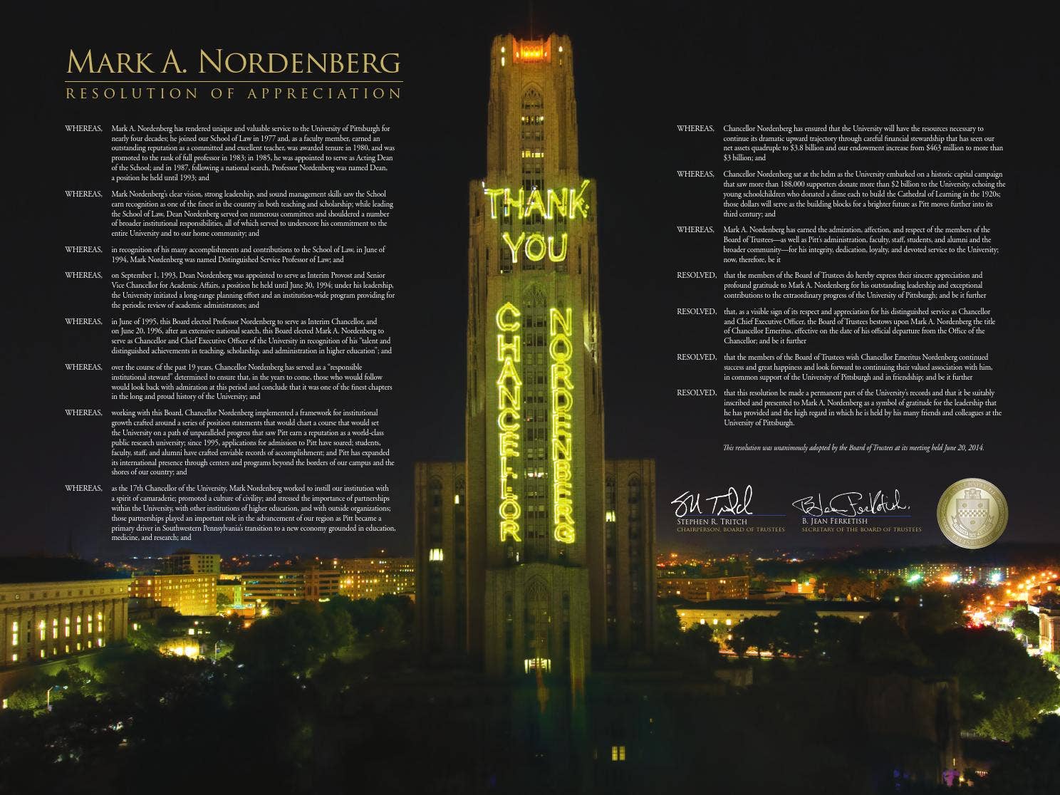 Mark A. Nordenberg | Resolution of Appreciation by University of ...