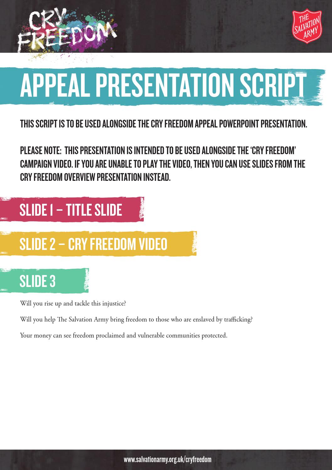 Cry freedom appeal presentation script by The Salvation Army UK and ...