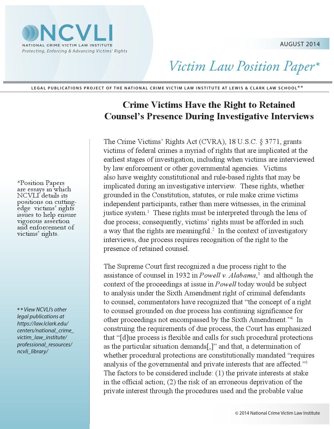 Victim law position paper right to counsel in investigative interviews ...