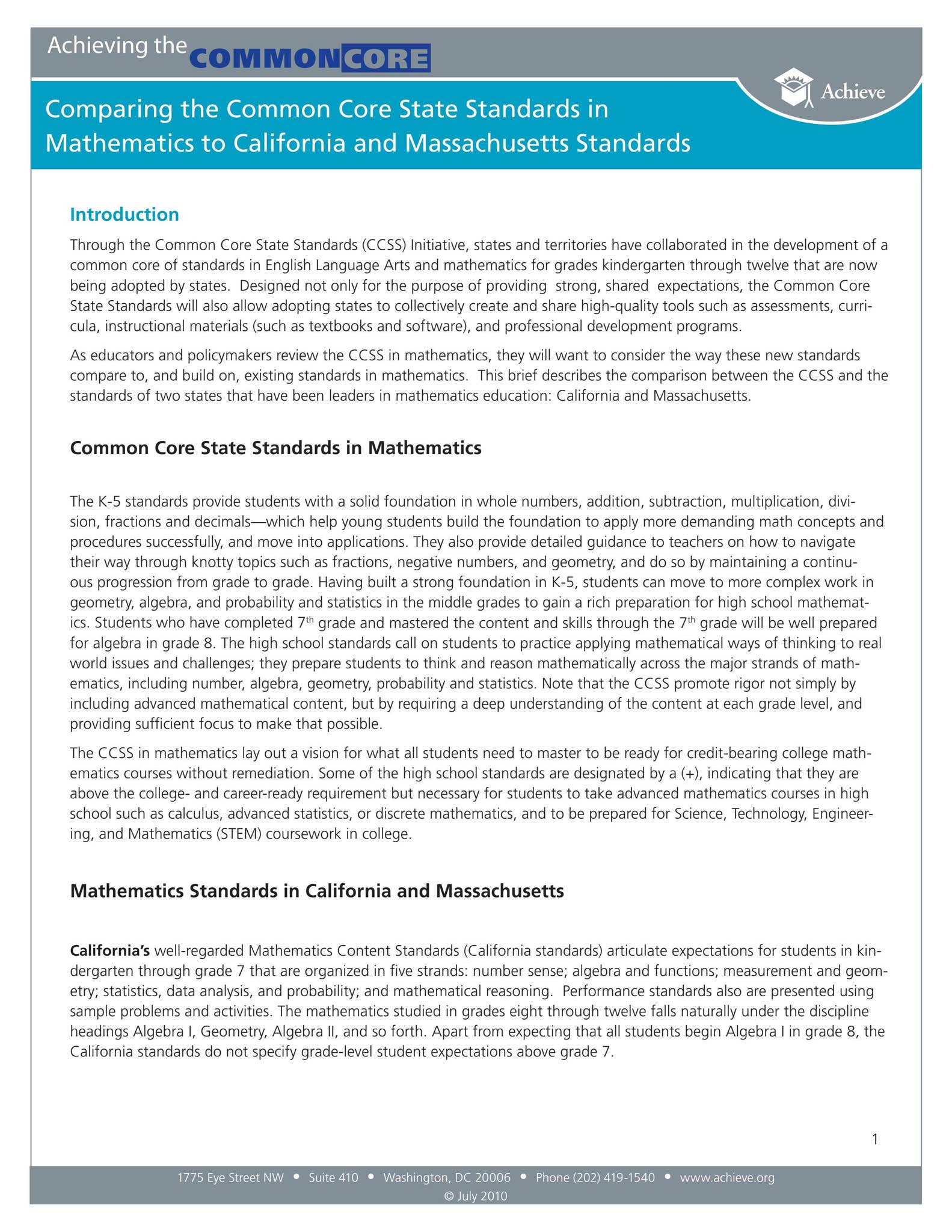 Comparing CCSS in Mathematics to California and Massachusetts Standards ...