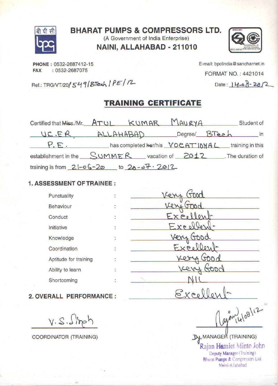BPCL training certificate by Atul Mourya - Issuu