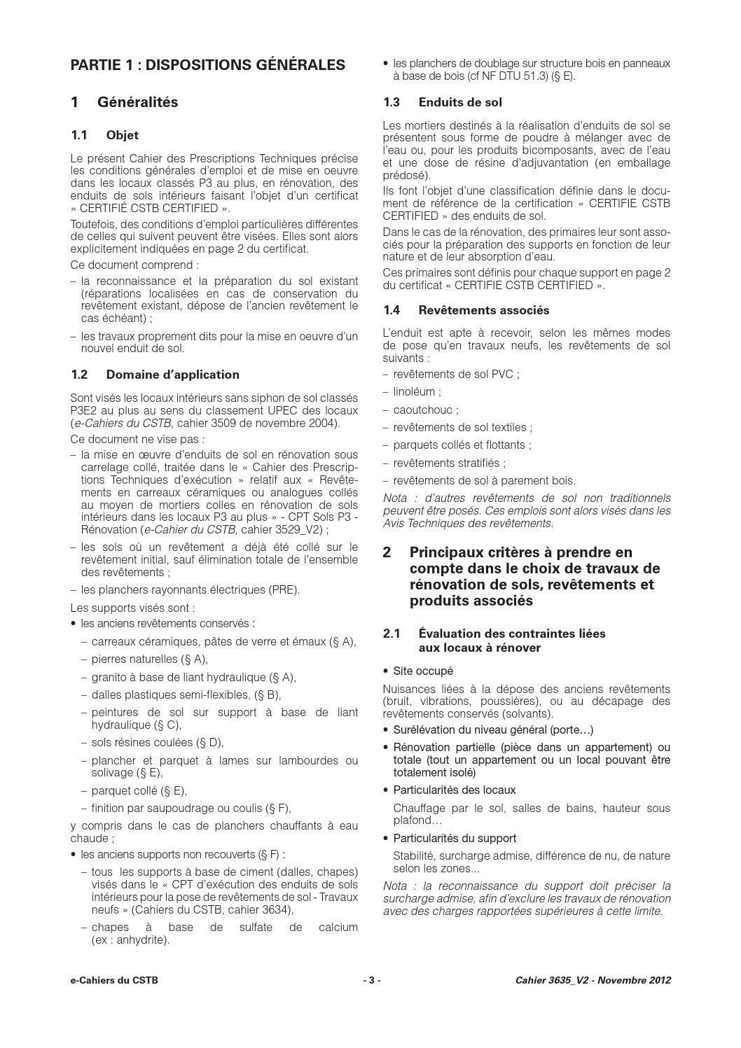 E cahiers 3635 v2 du cstb exécution des enduits de sols intérieurs pour la pose de revêtements ...