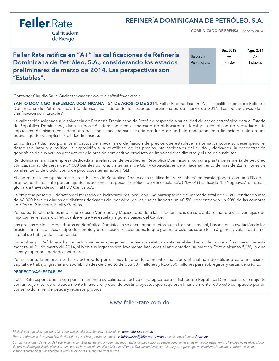 Calificación Feller Rate REFIDOMSA PDV by Refidomsa - Issuu