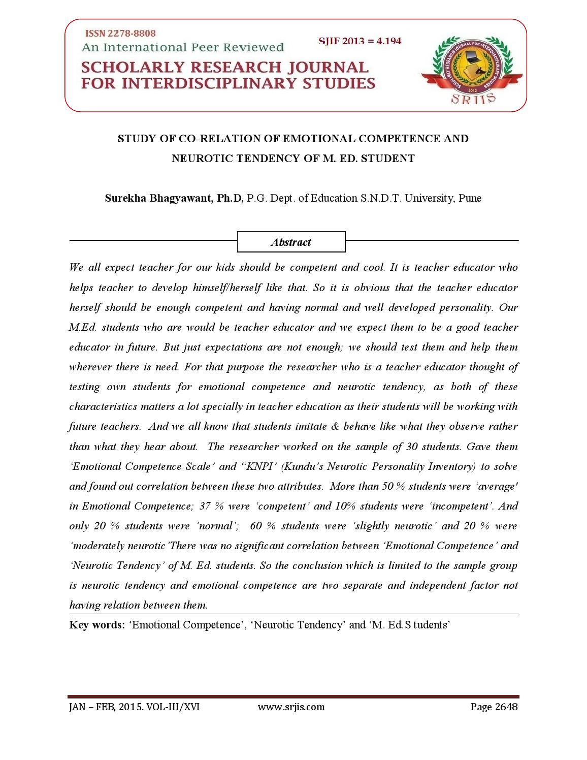 STUDY OF CO-RELATION OF EMOTIONAL COMPETENCE AND NEUROTIC TENDENCY OF M ...