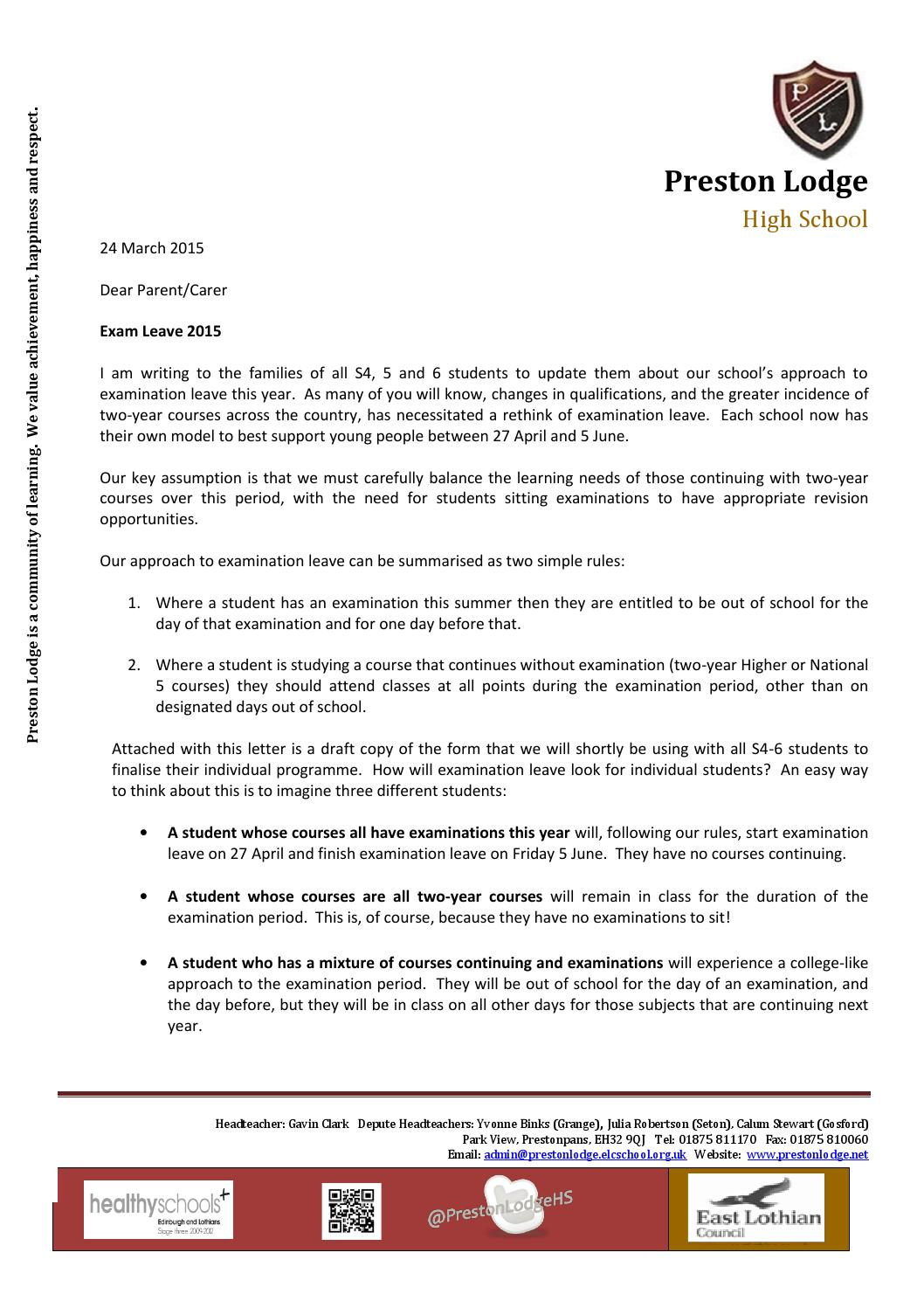 Exam Leave Letter And Exam Leave Sheet 2015 By Preston Lodge High 