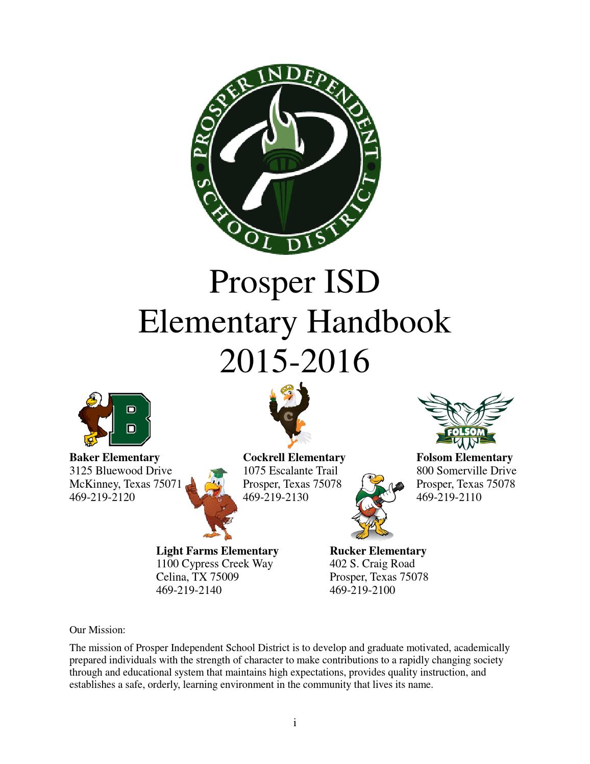 PISD Elementary Student Handbook 2015-2016 by Prosper Independent ...