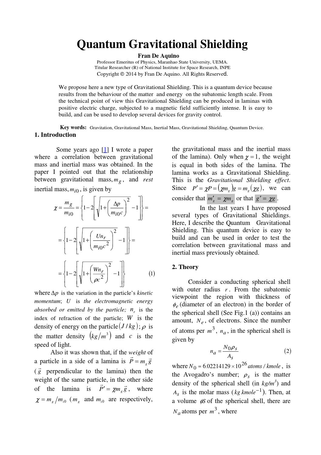 Quantum Gravitational Shielding by Professor Dr. Fran De Aquino - Issuu