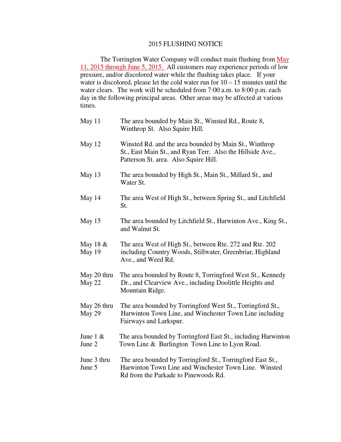 Flushing%20notice%20%202015 by Torrington Water Company - Issuu