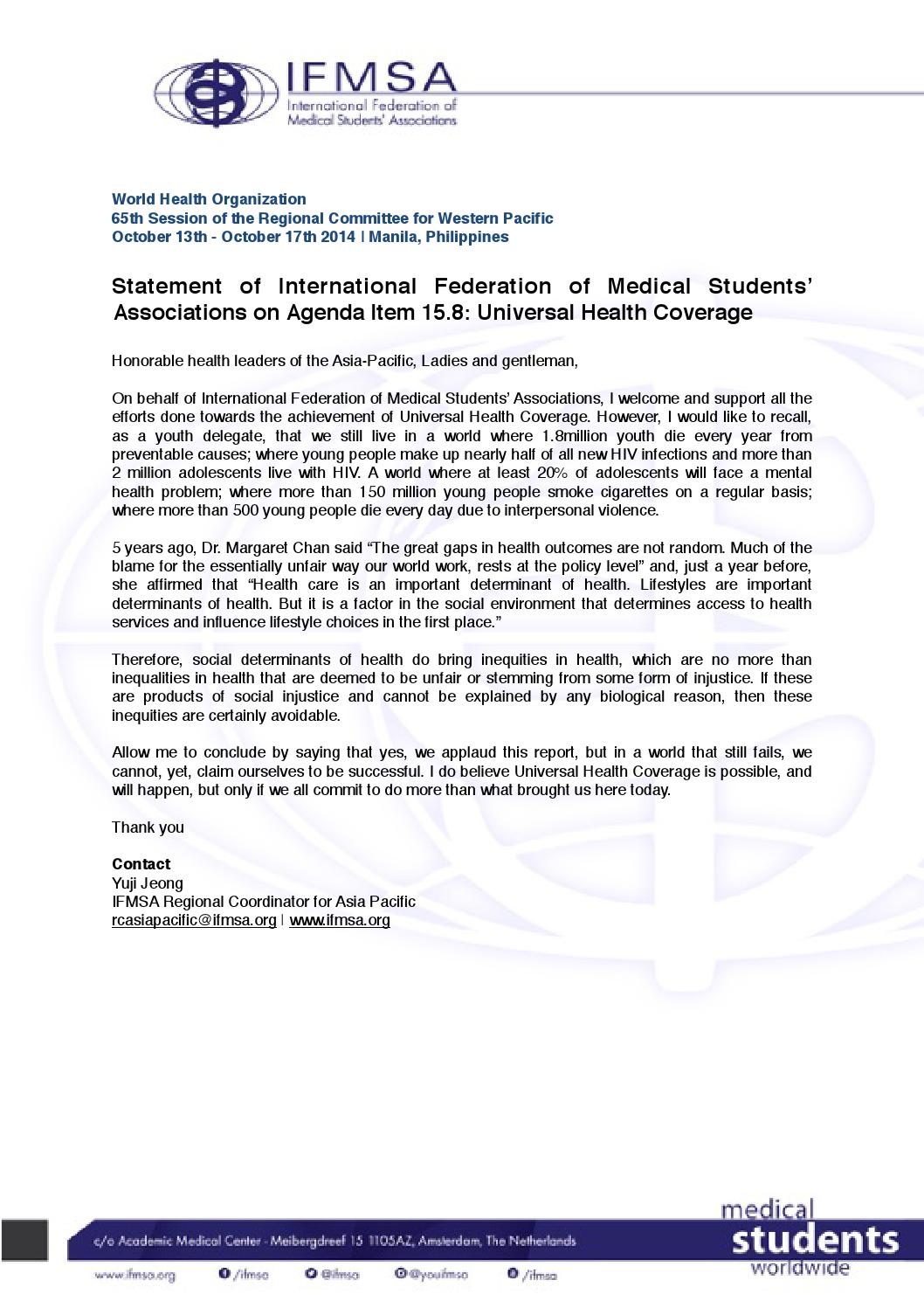 WHO WPRO 2014: Statement on Universal Health Coverage by International ...