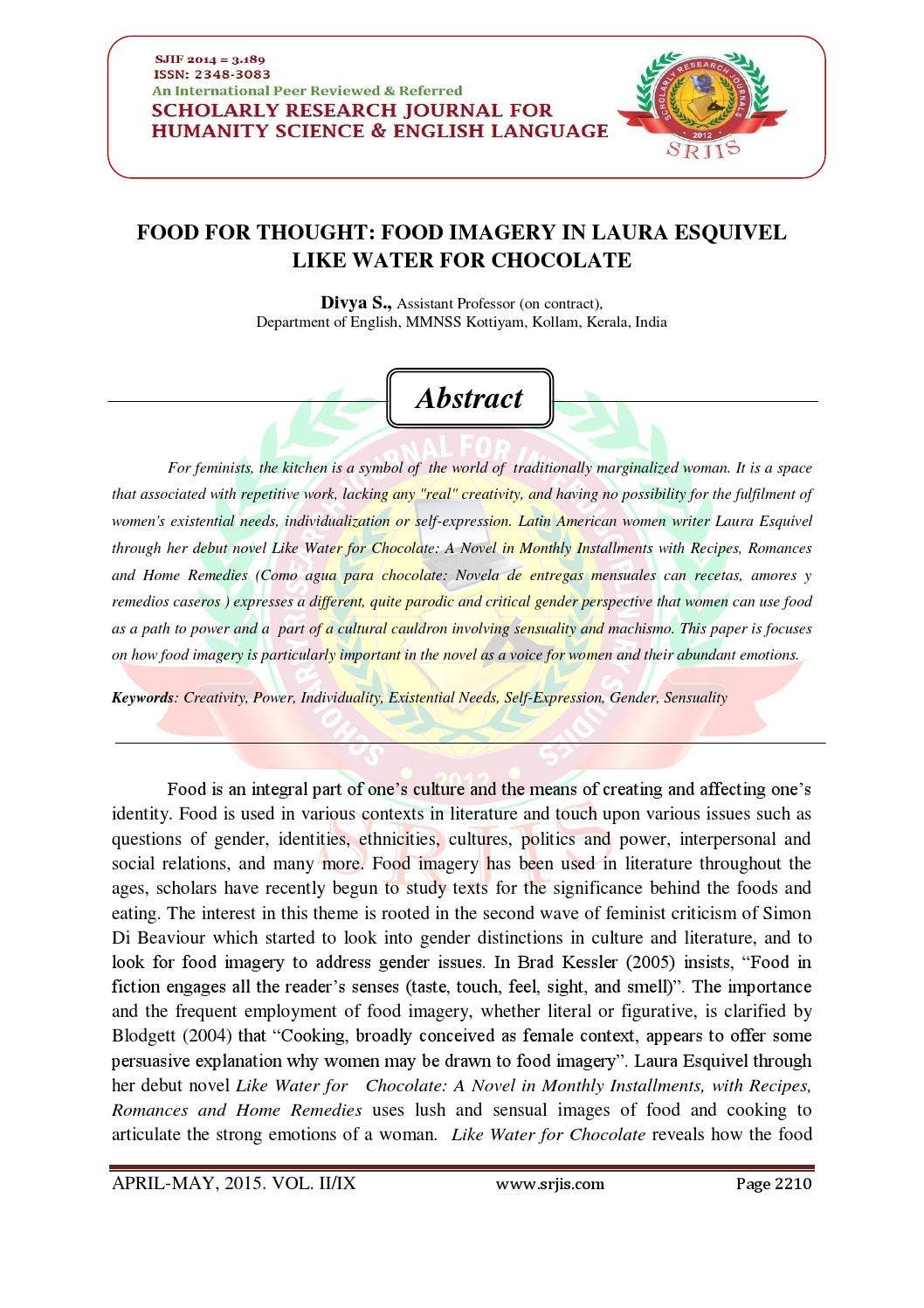 FOOD FOR THOUGHT: FOOD IMAGERY IN LAURA ESQUIVEL LIKE WATER FOR ...