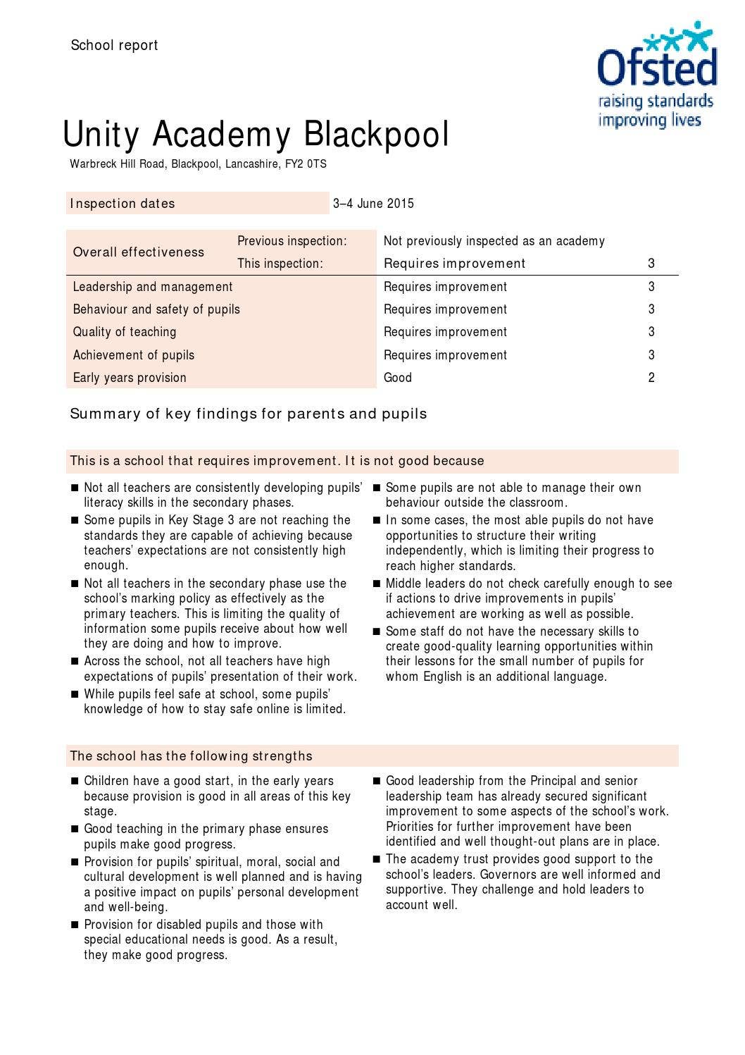 Unity Academy Blackpool Ofsted Report - June 2015 by Schudio - Issuu