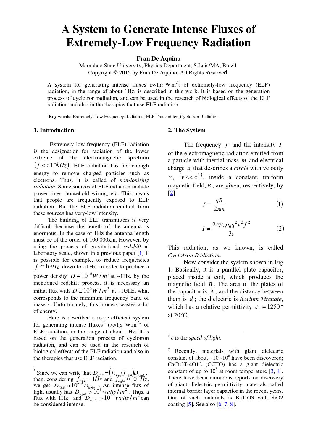 A System to Generate Intense Fluxes of Extremely-Low Frequency ...