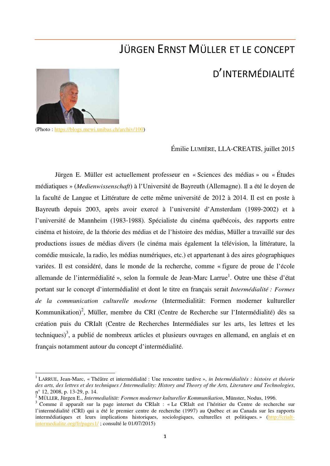 Jürgen ernst müller et le concept d intermédialité notes by remy besson ...