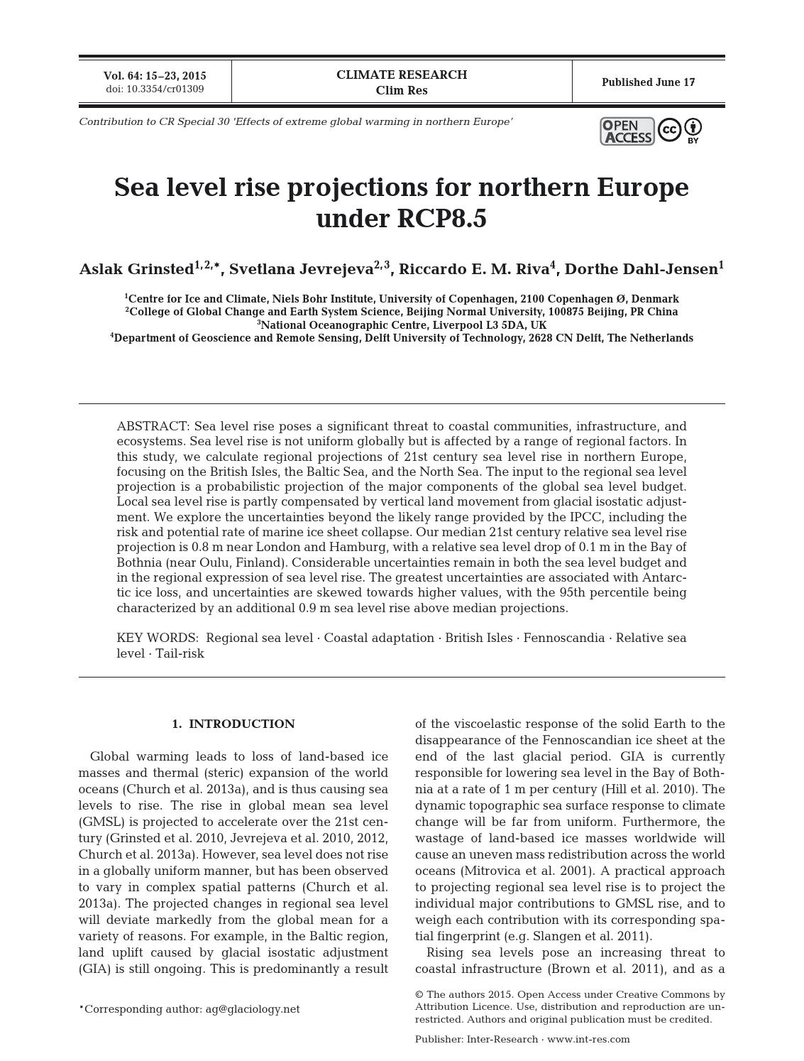 CLIMATE RESEARCH Sea level rise projections for northern europe under ...
